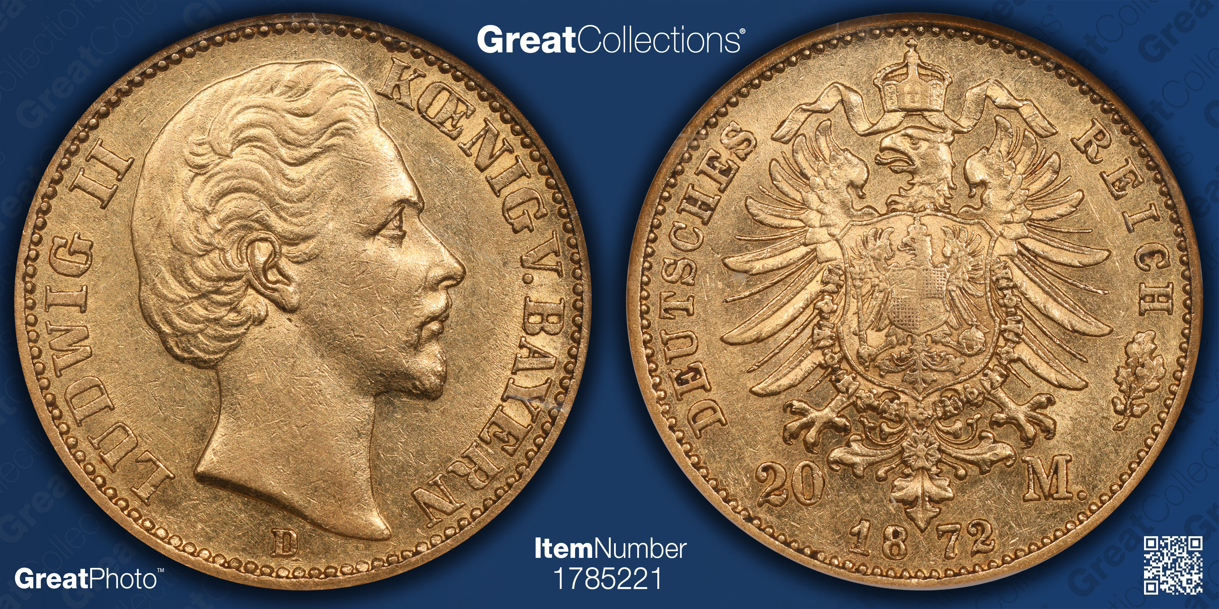 Germany - Bavaria 1872-D Gold 20 Marks KM-894 NGC AU-55 (AGW = 0.2305 ...