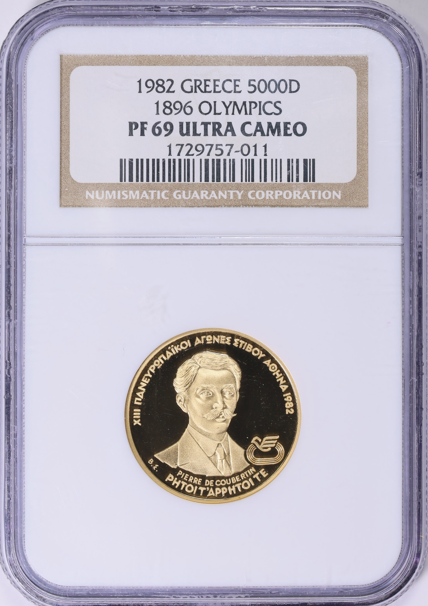 Greece 1982 Gold 5,000 Drachmai Pierre de Coubertin KM-143 NGC Proof-69 ...