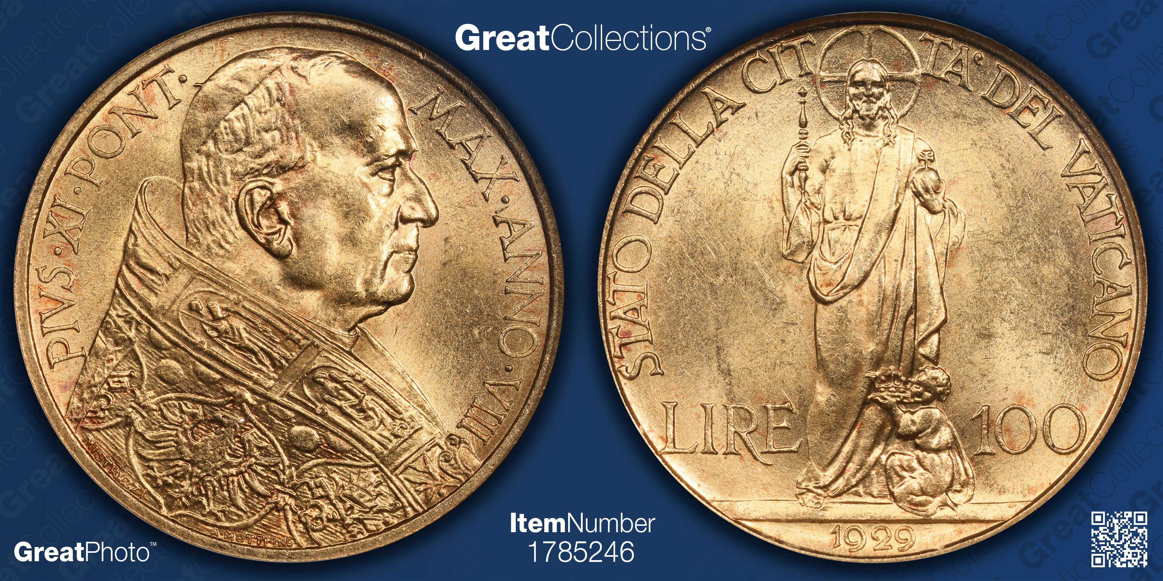 Vatican City 1929 Anno VII Gold 100 Lire KM-9 NGC MS-62 (AGW = 0.2546 ...
