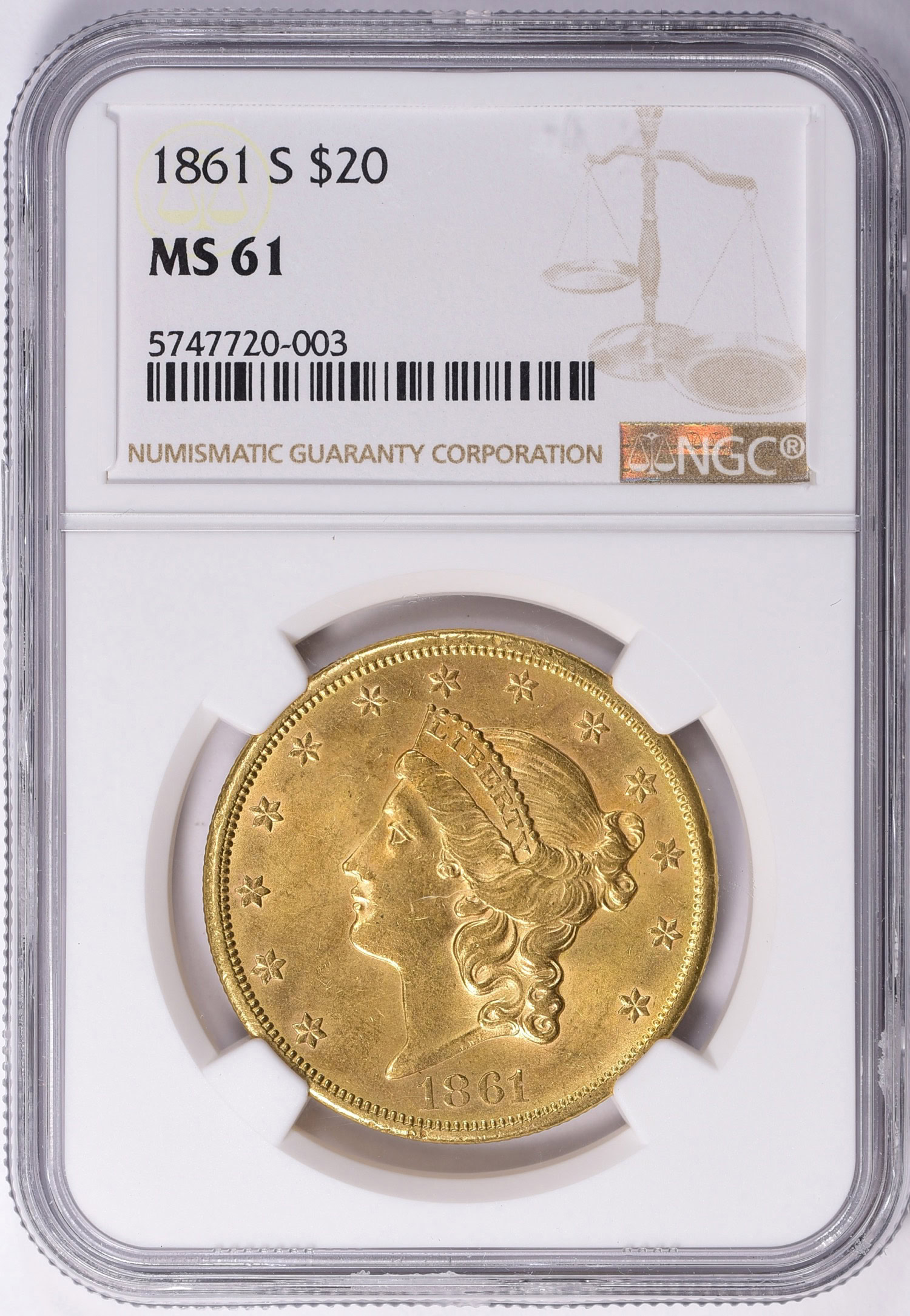 1861-S Liberty Gold Double Eagle NGC MS-61 (Item 1785261) | GreatCollections Coin Auctions