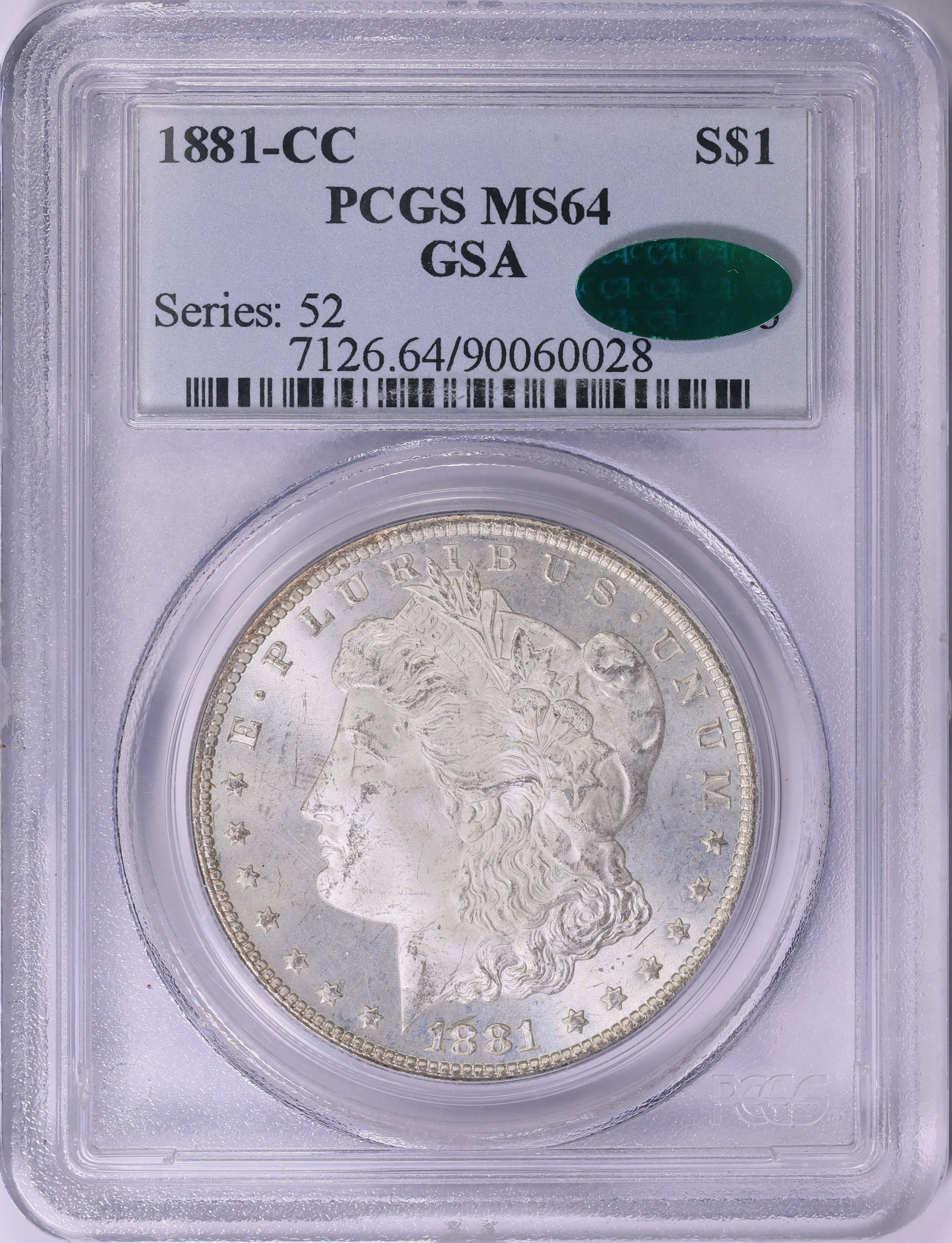 1881-CC Morgan Silver Dollar PCGS MS-64 (CAC Green) (GSA) (Item 1785363) | GreatCollections Coin ...