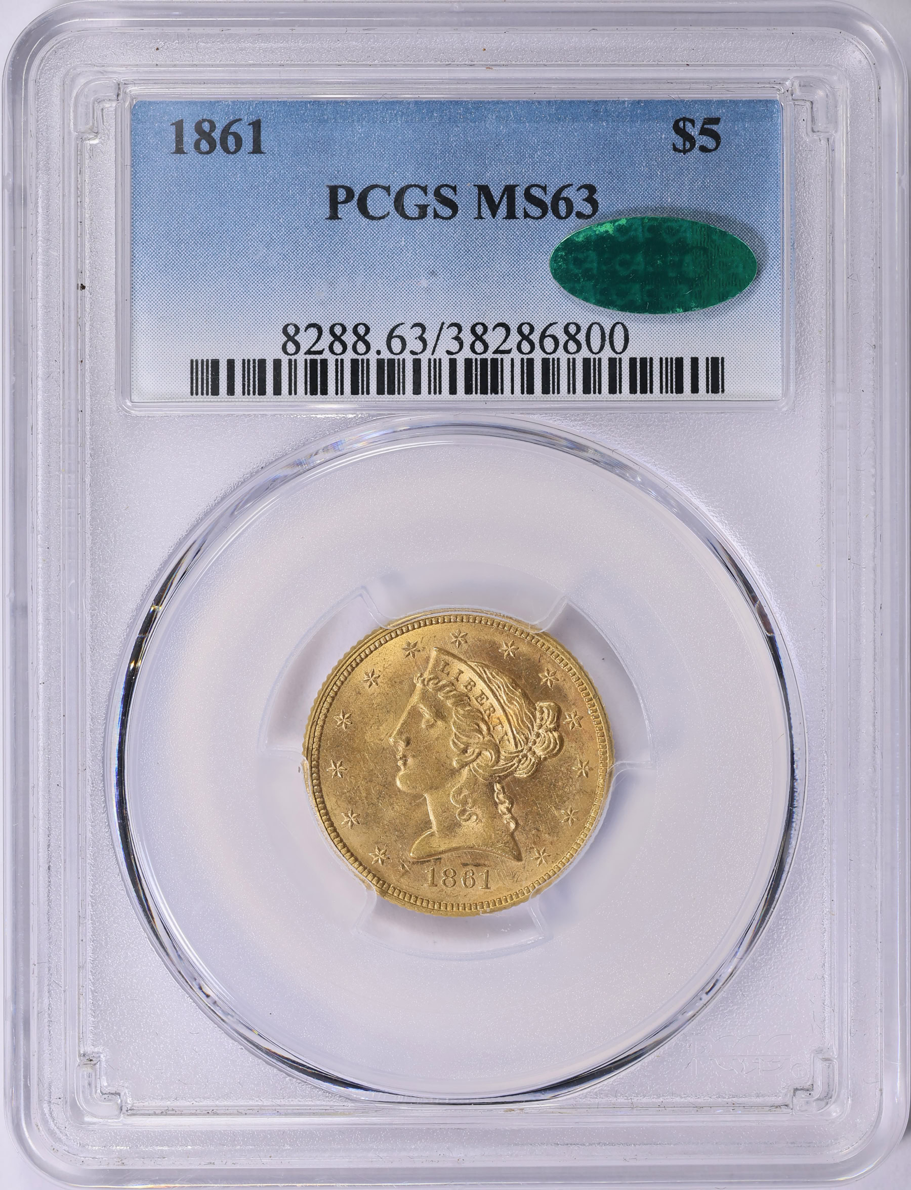 1861 Liberty Gold Half Eagle PCGS MS-63 (CAC Green) (Item 1785375) | GreatCollections Coin Auctions