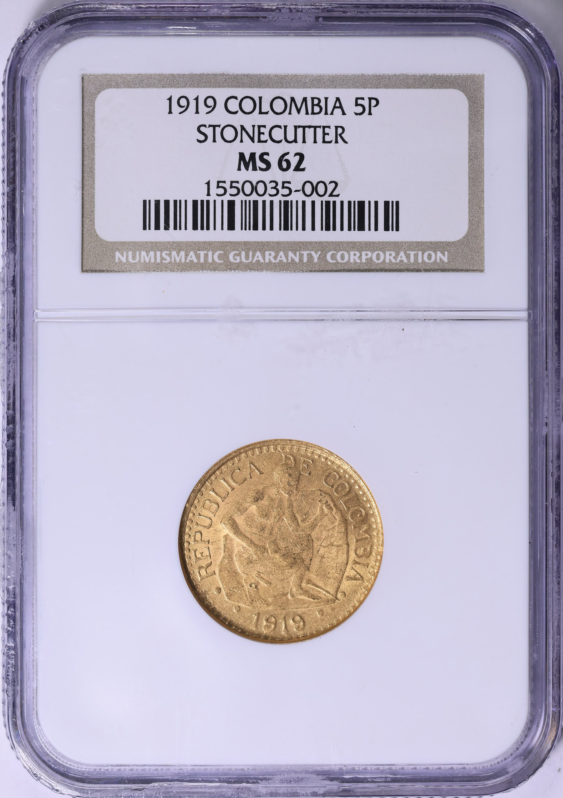 Colombia 1919 Gold 5 Pesos Stonecutter KM-195.1 NGC MS-62 (AGW = 0.2355 ...