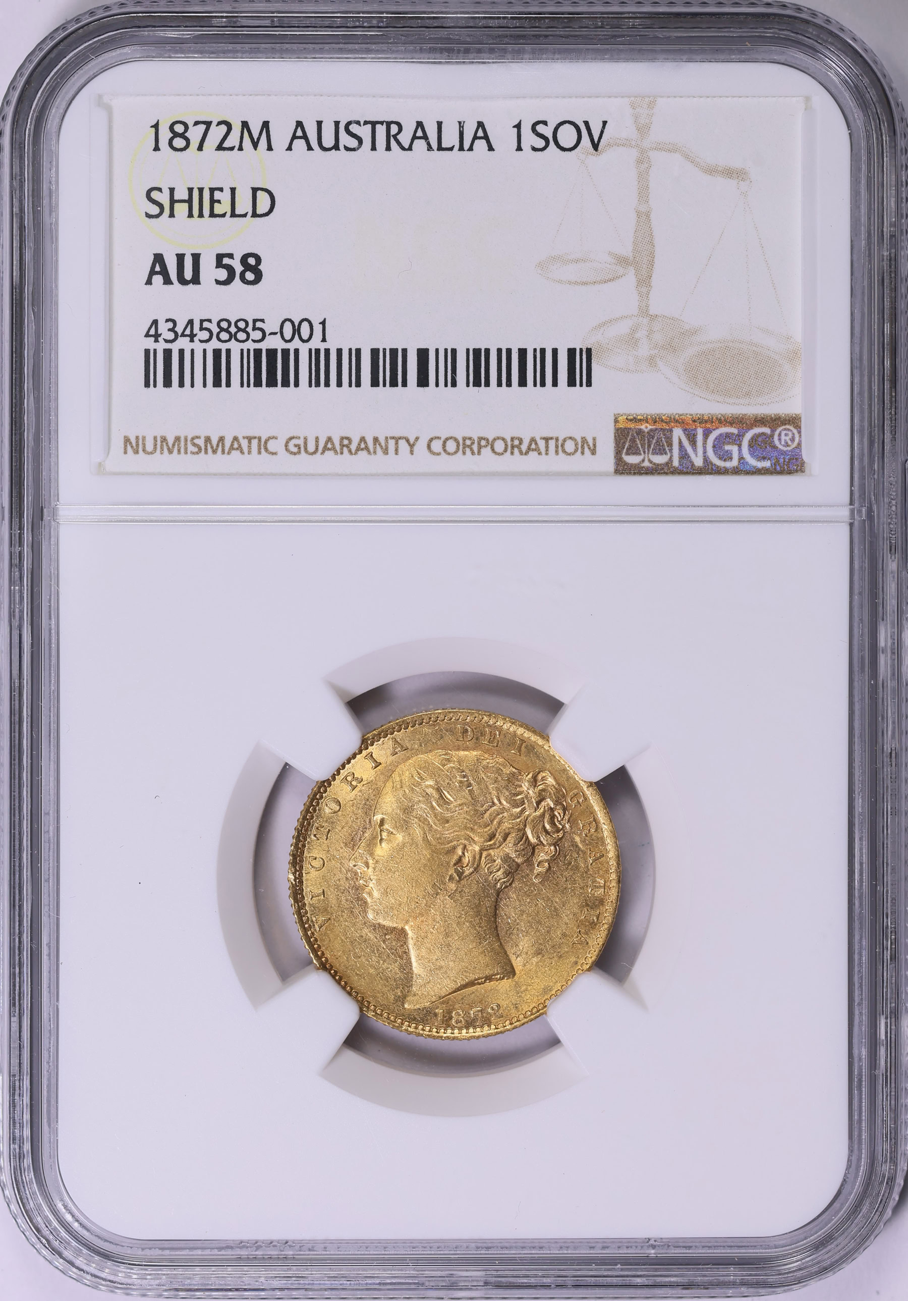 Australia 1872-M Gold Sovereign Shield KM-6 NGC AU-58 (AGW = 0.2355 oz ...