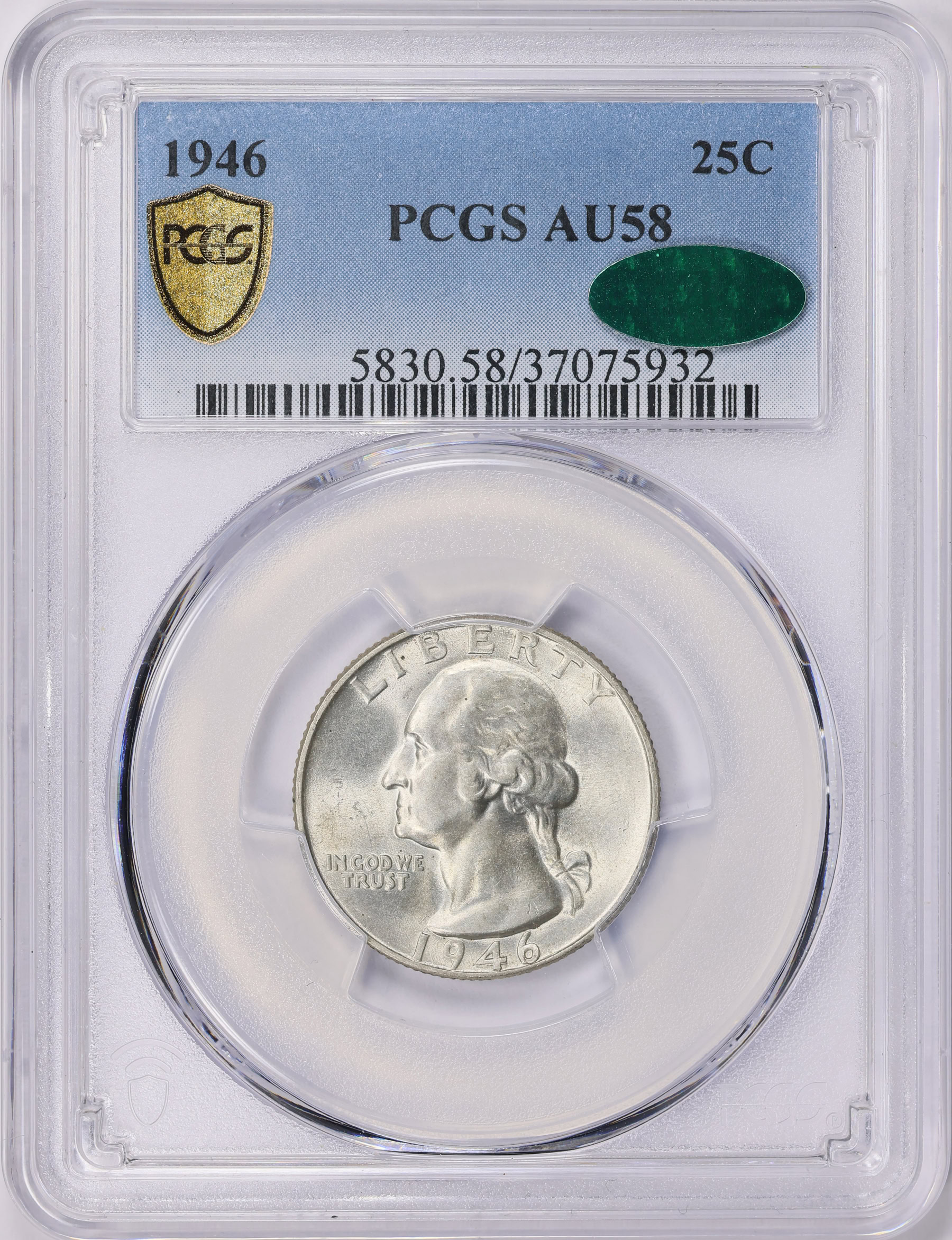 1946 Washington Quarter PCGS AU-58 (CAC Green) (Item 1785552) | GreatCollections Coin Auctions