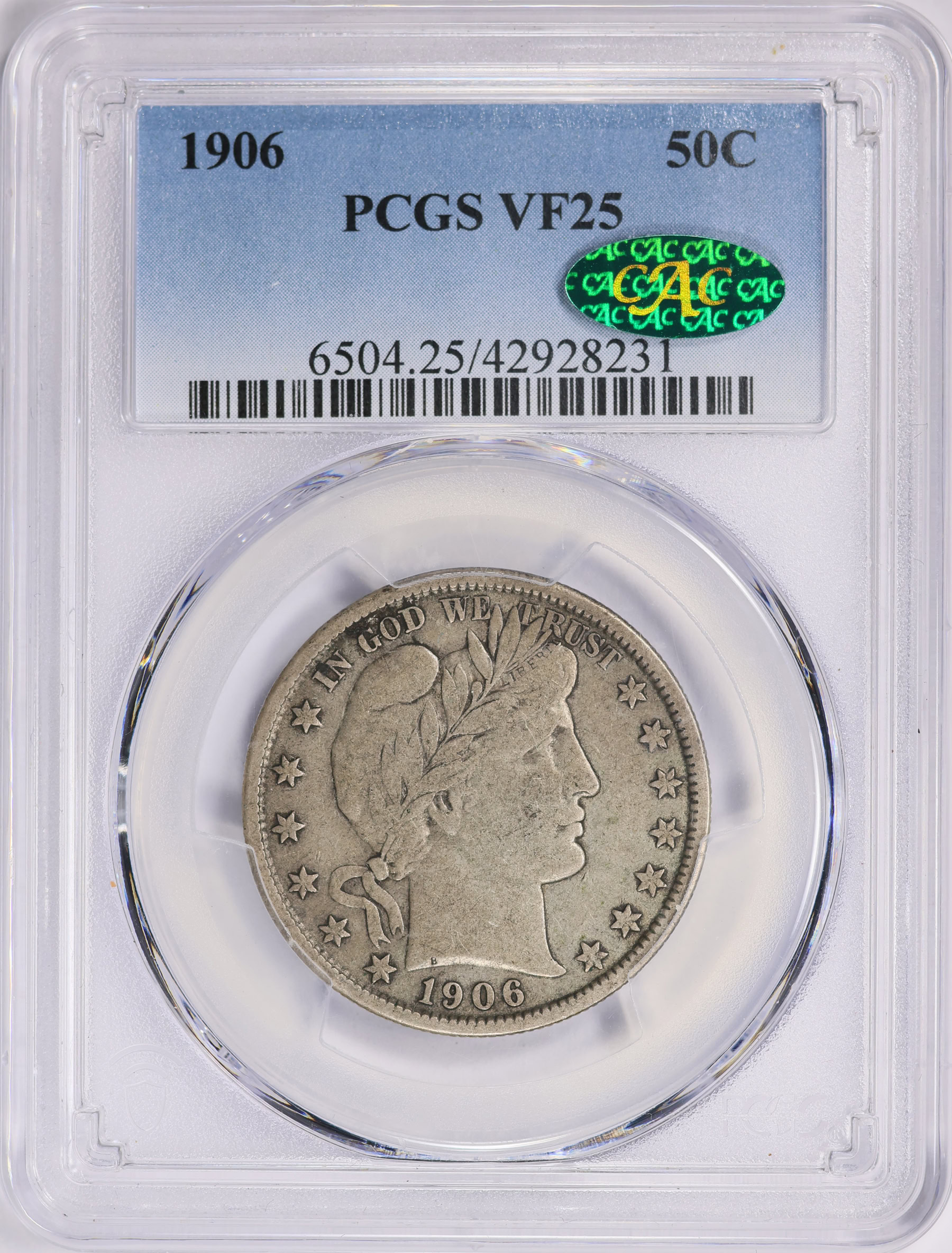 1906 Barber Half Dollar PCGS VF-25 (CAC Green) (Item 1785558) | GreatCollections Coin Auctions
