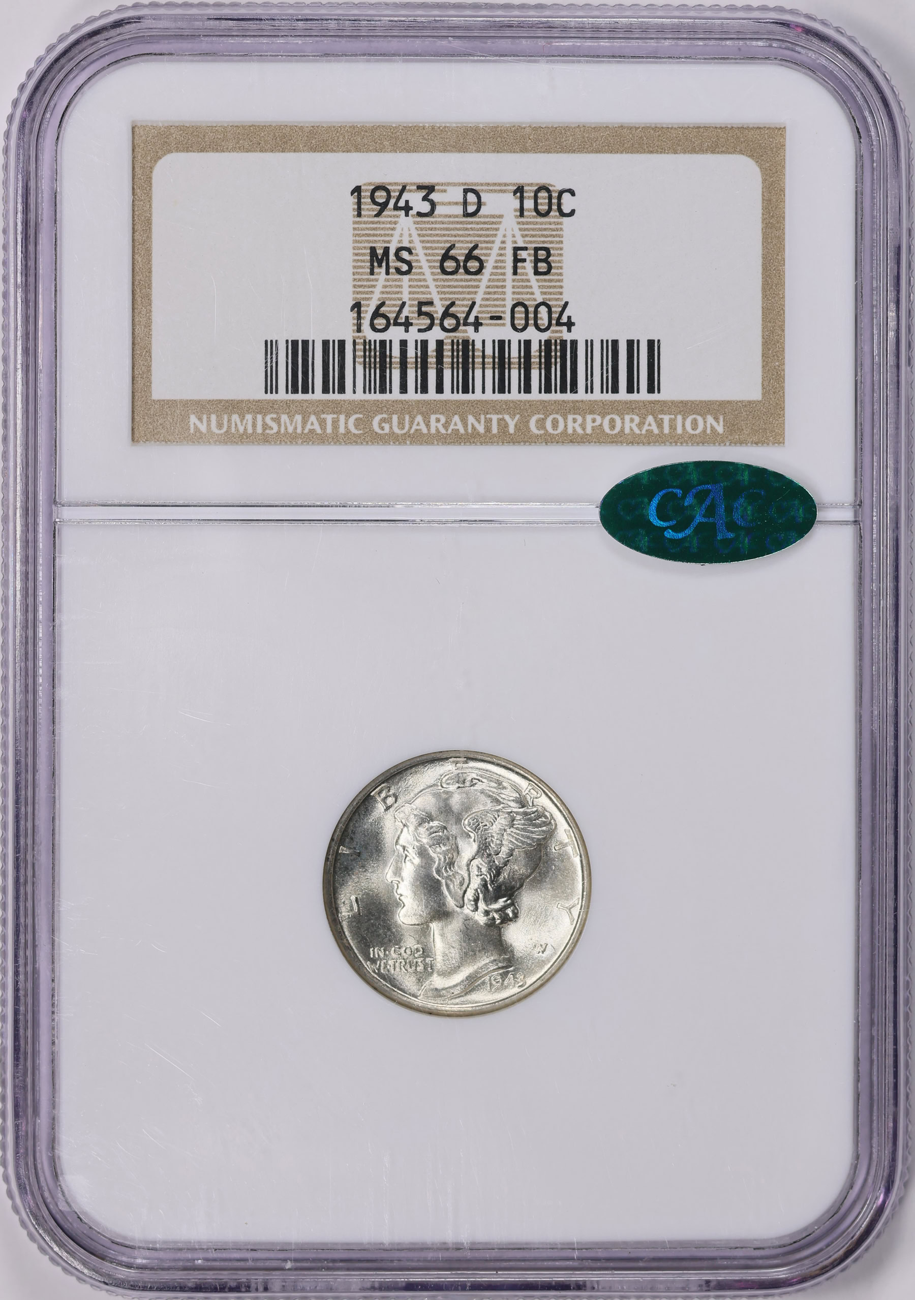 1943-D Mercury Dime NGC MS-66 FB (CAC Green) (Item 1785593) | GreatCollections Coin Auctions
