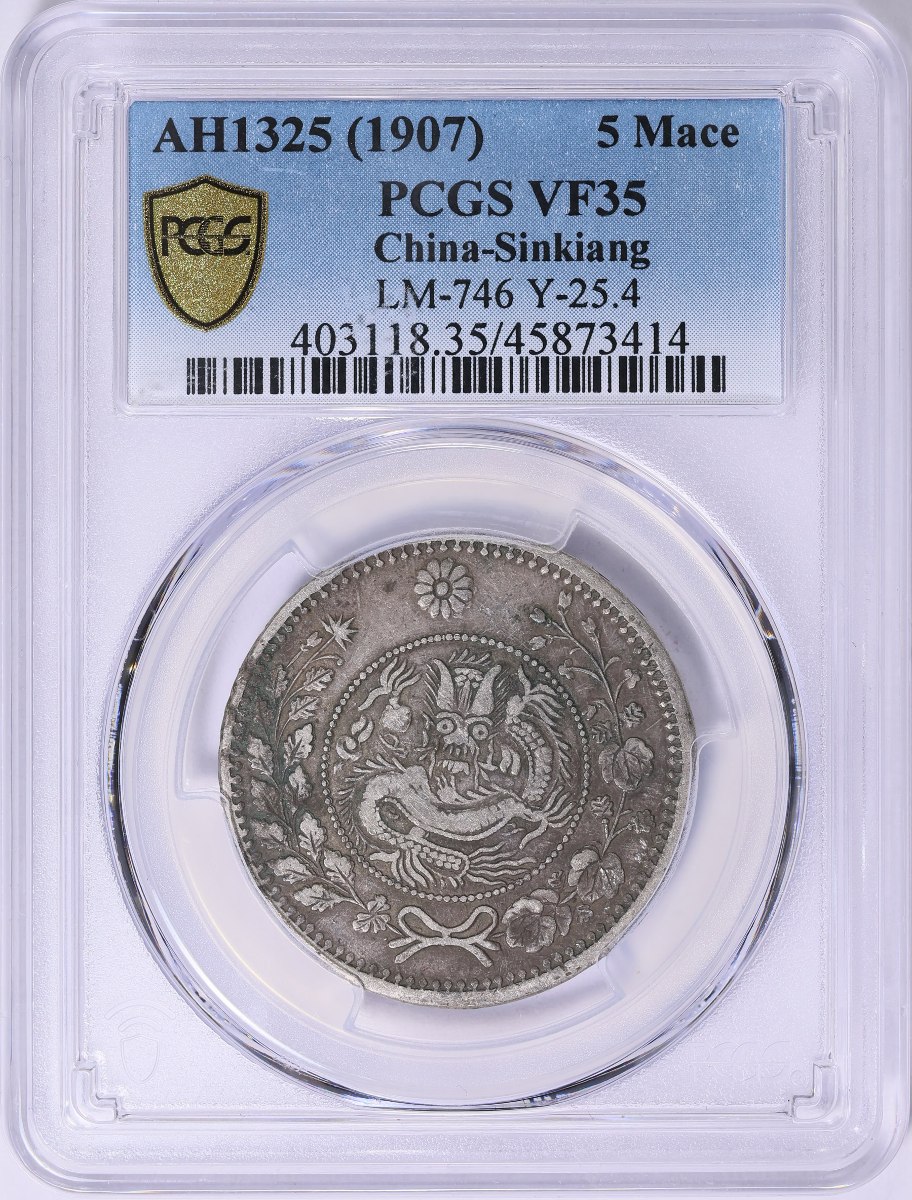 China - Sinkiang Province AH 1325 (1907) Silver 5 Mace Y-25.4 PCGS VF-35 (Item 1785805 ...