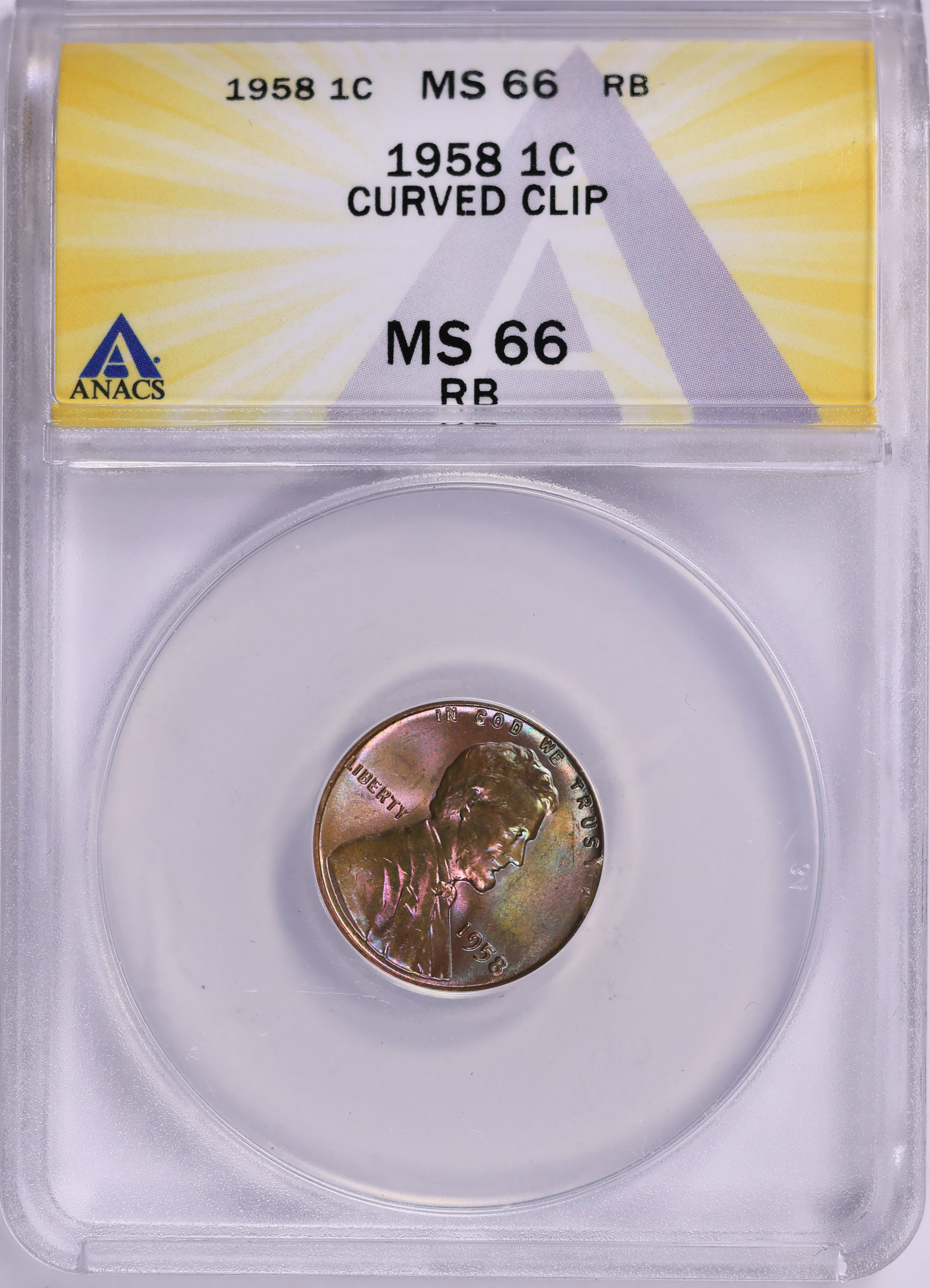 Mint Error 1958 Lincoln Cent Curved Clip ANACS MS-66 RB (Toned) | ANACS Cert #6279798 ...