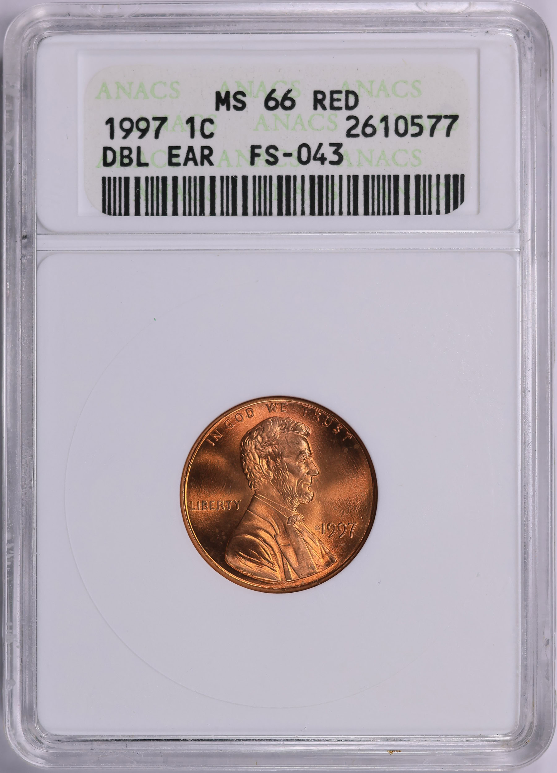 1997 Lincoln Cent Doubled Ear FS-043 ANACS MS-66 RD OH (Item 1785834) | GreatCollections Coin ...