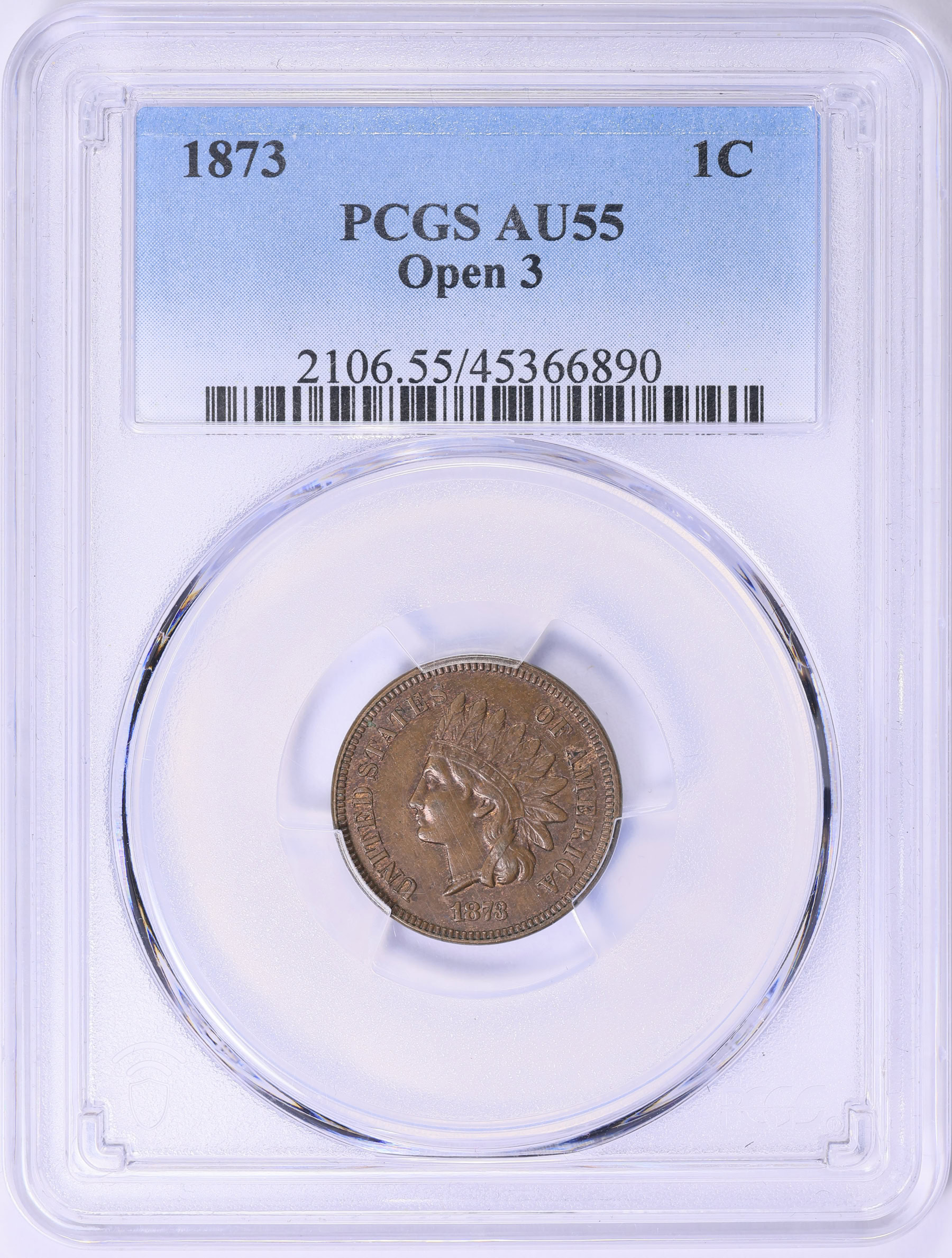 1873 Indian Cent Open 3 PCGS AU-55 BN (Item 1785857) | GreatCollections Coin Auctions