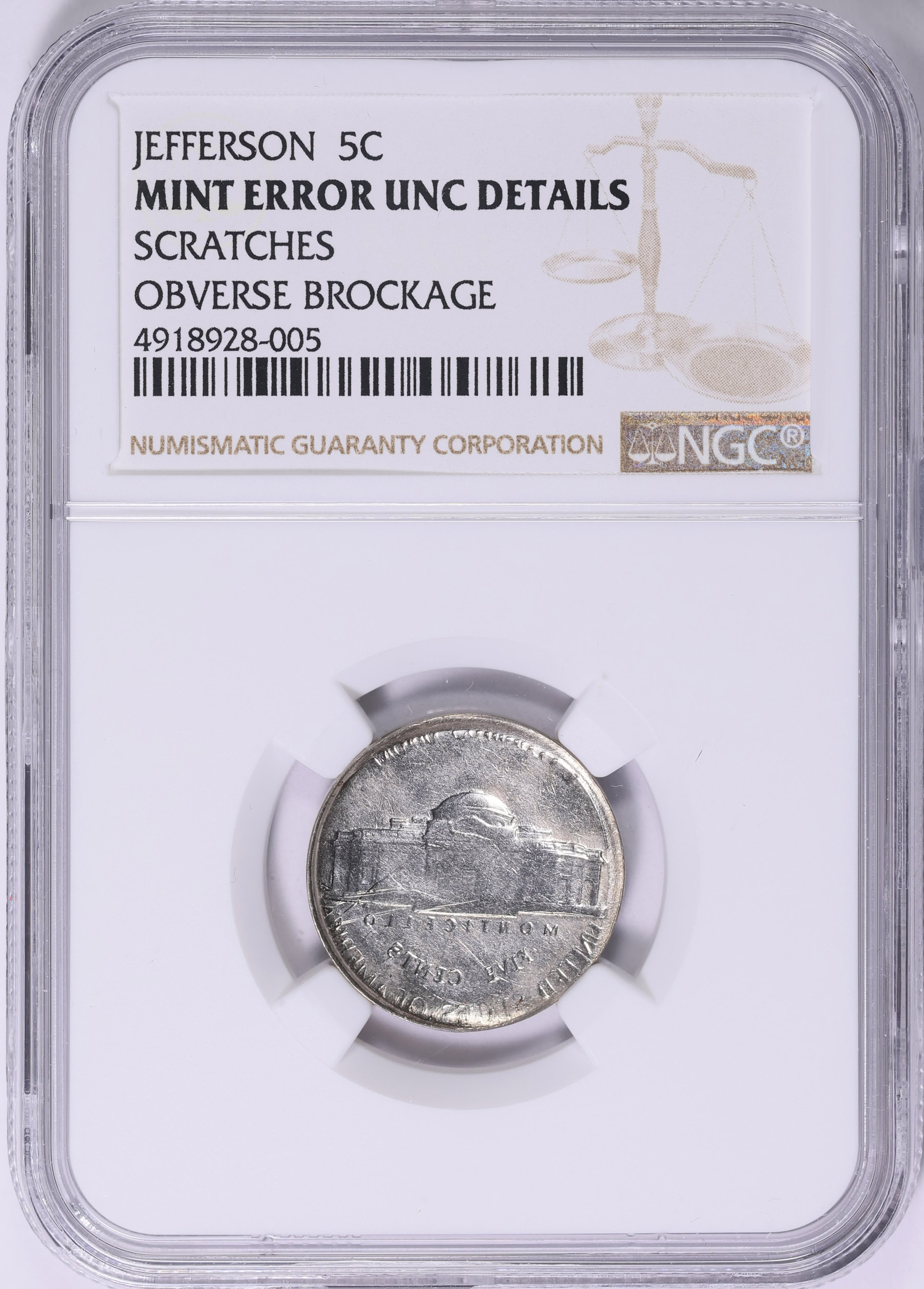 Mint Error Jefferson Nickel Obverse Brockage NGC Unc Details | NGC Cert #4918928-005 ...