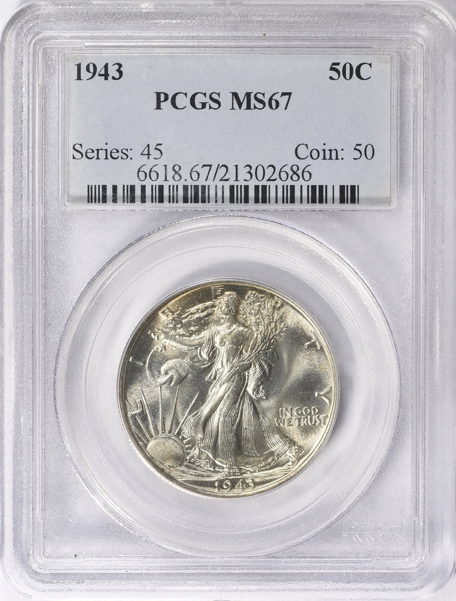 1943 Walking Liberty Half Dollar PCGS MS-67 (Item 1786077) | GreatCollections Coin Auctions