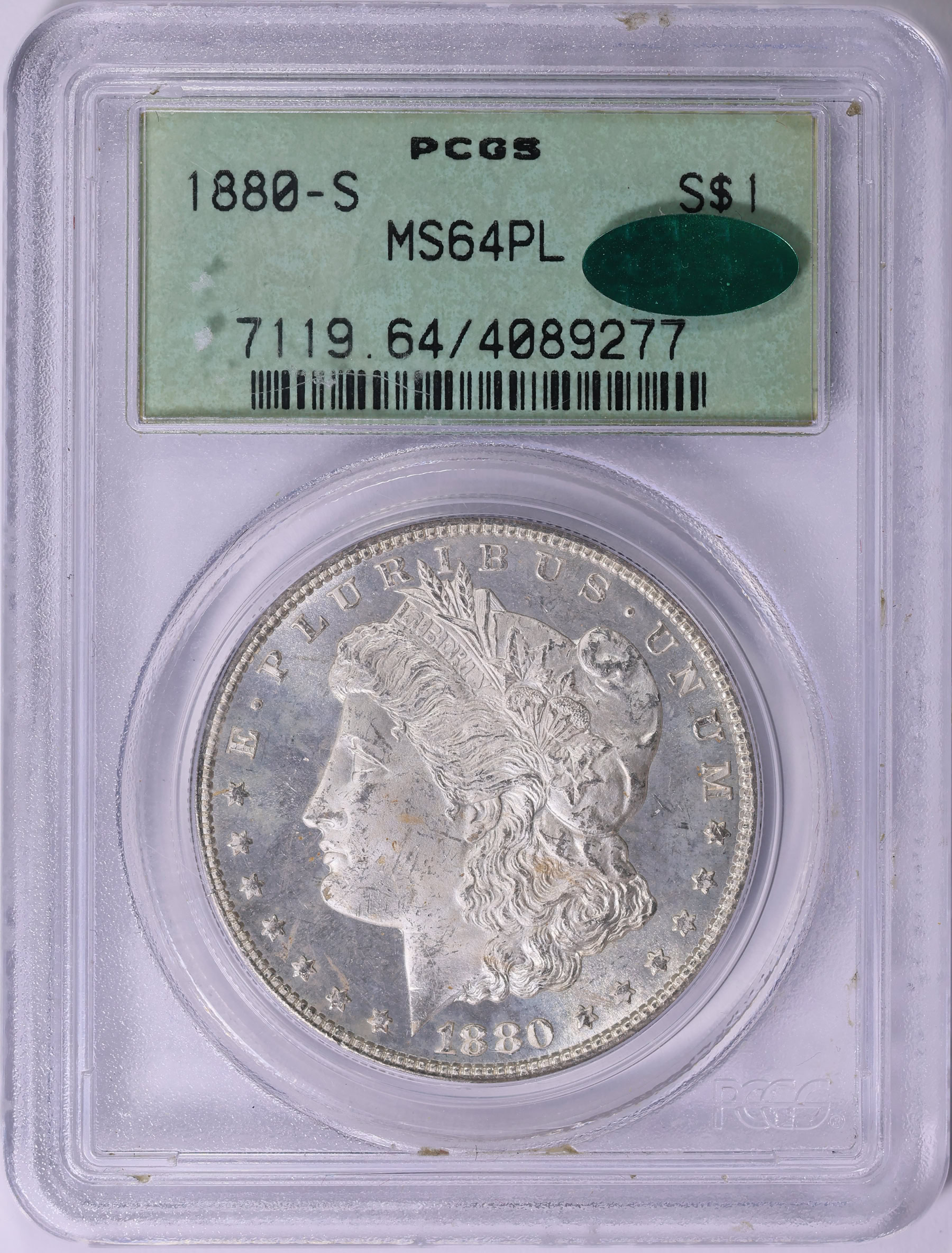1880-S Morgan Silver Dollar PCGS MS-64 PL (CAC Green) OGH (Item 1786124) | GreatCollections Coin ...