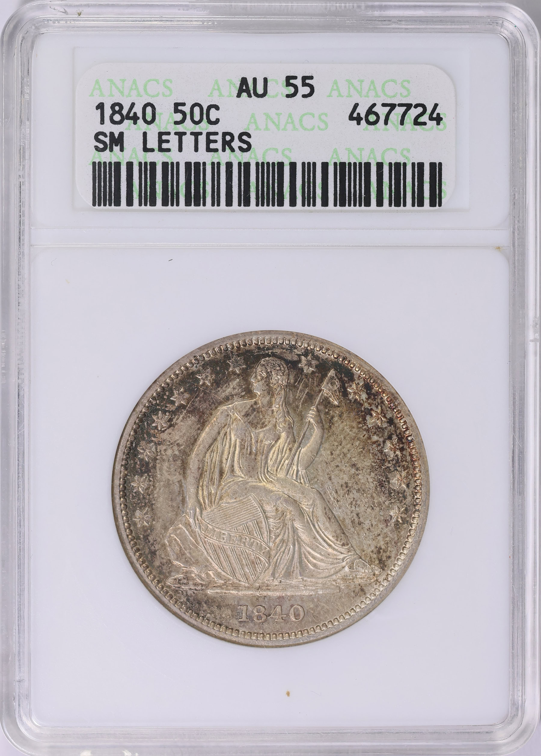 1840 Seated Liberty Half Dollar Small Letters ANACS AU-55 OH (Toned) (Item 1786151 ...