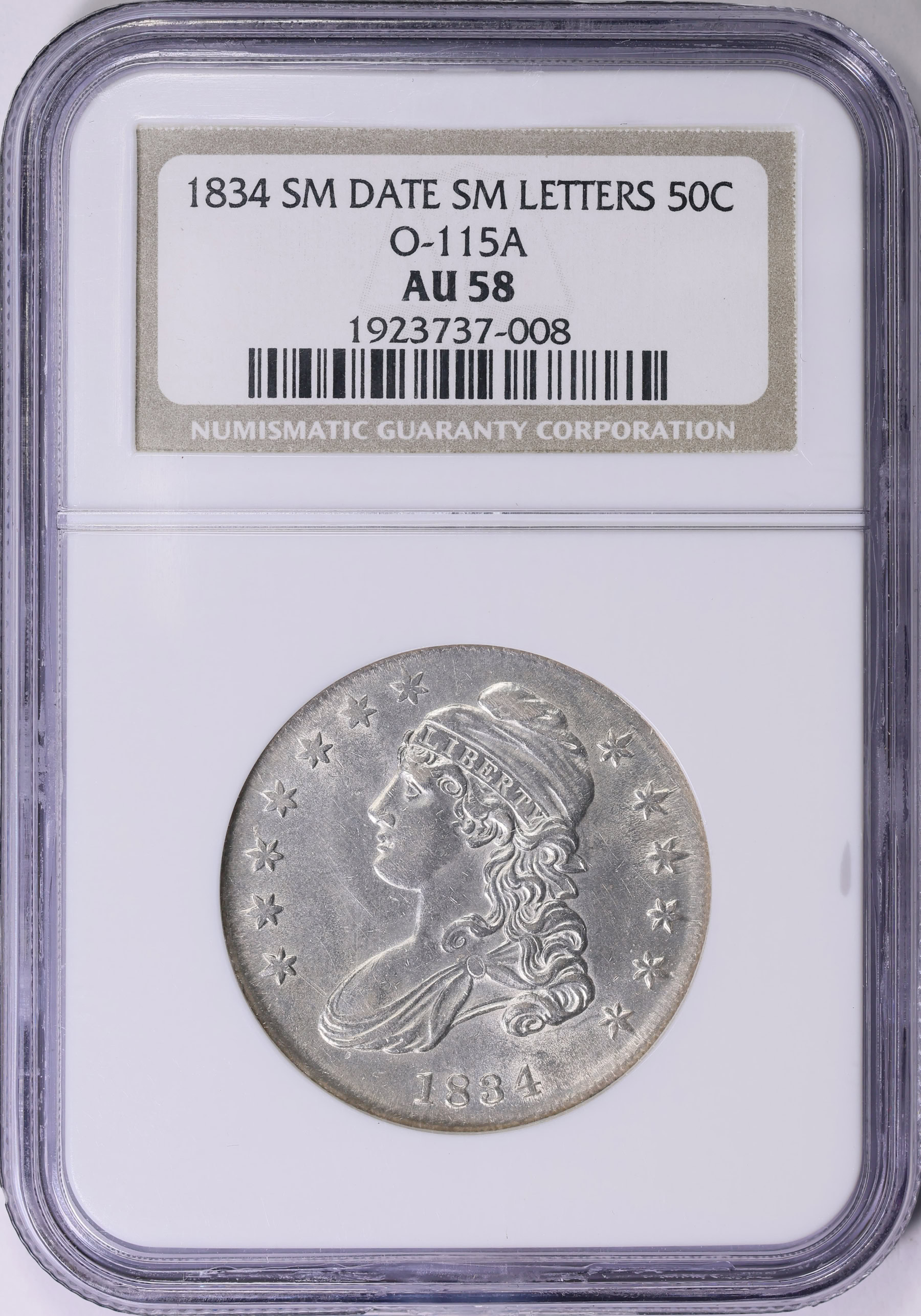 1834 Capped Bust Half Dollar Small Date, Small Letters Overton 115a NGC AU-58 (Item 1786178 ...