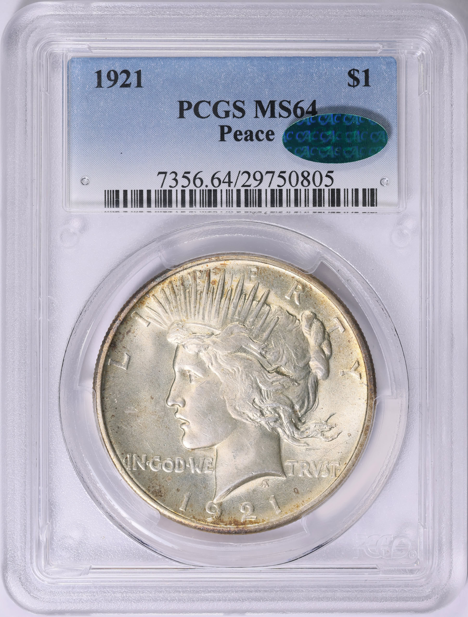 1921 Peace Silver Dollar High Relief PCGS MS-64 (CAC Green) (Toned ...