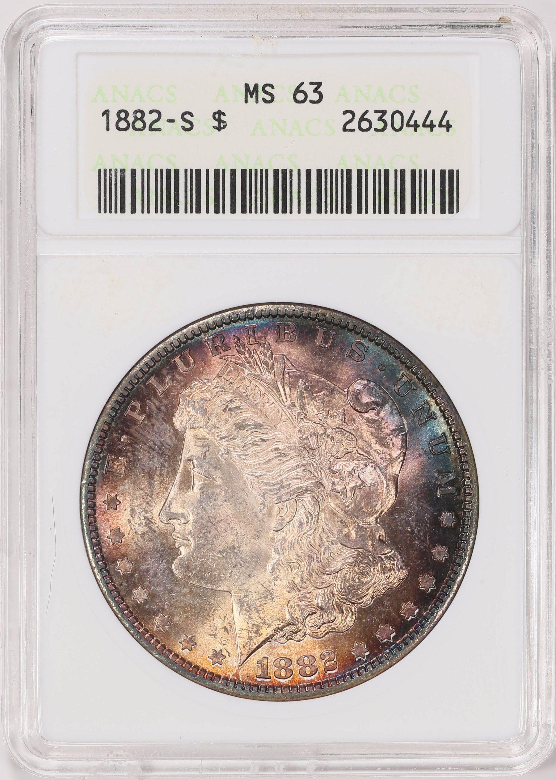 1882-S Morgan Silver Dollar ANACS MS-63 OH (Toned) (Item 1786265) | GreatCollections Coin Auctions