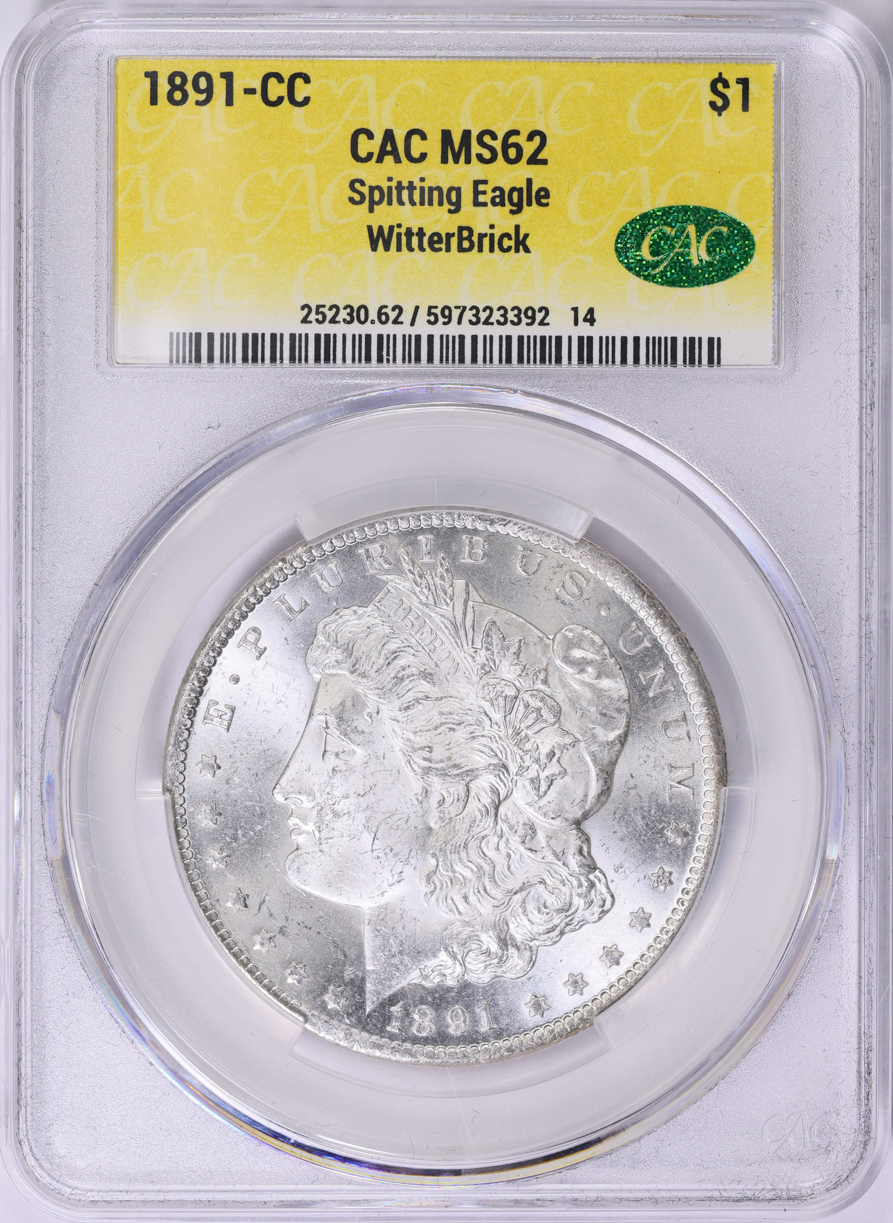 1891-CC Morgan Silver Dollar Spitting Eagle VAM-3 With WitterBrick Box Sleeve CACG MS-62 ...