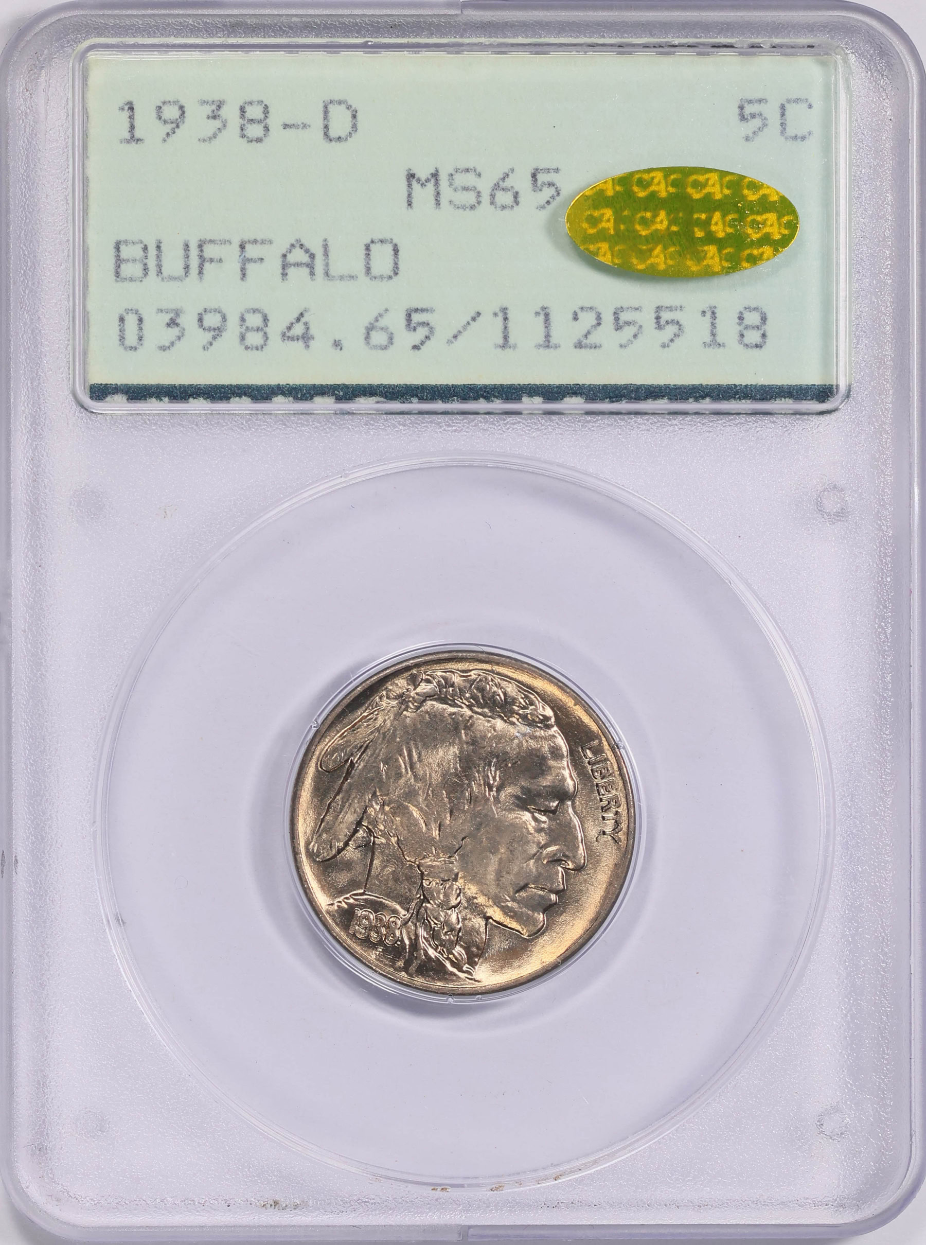 1938-D Buffalo Nickel PCGS MS-65 (CAC Gold) OGH (1st Gen) (Item 1786359) | GreatCollections Coin ...