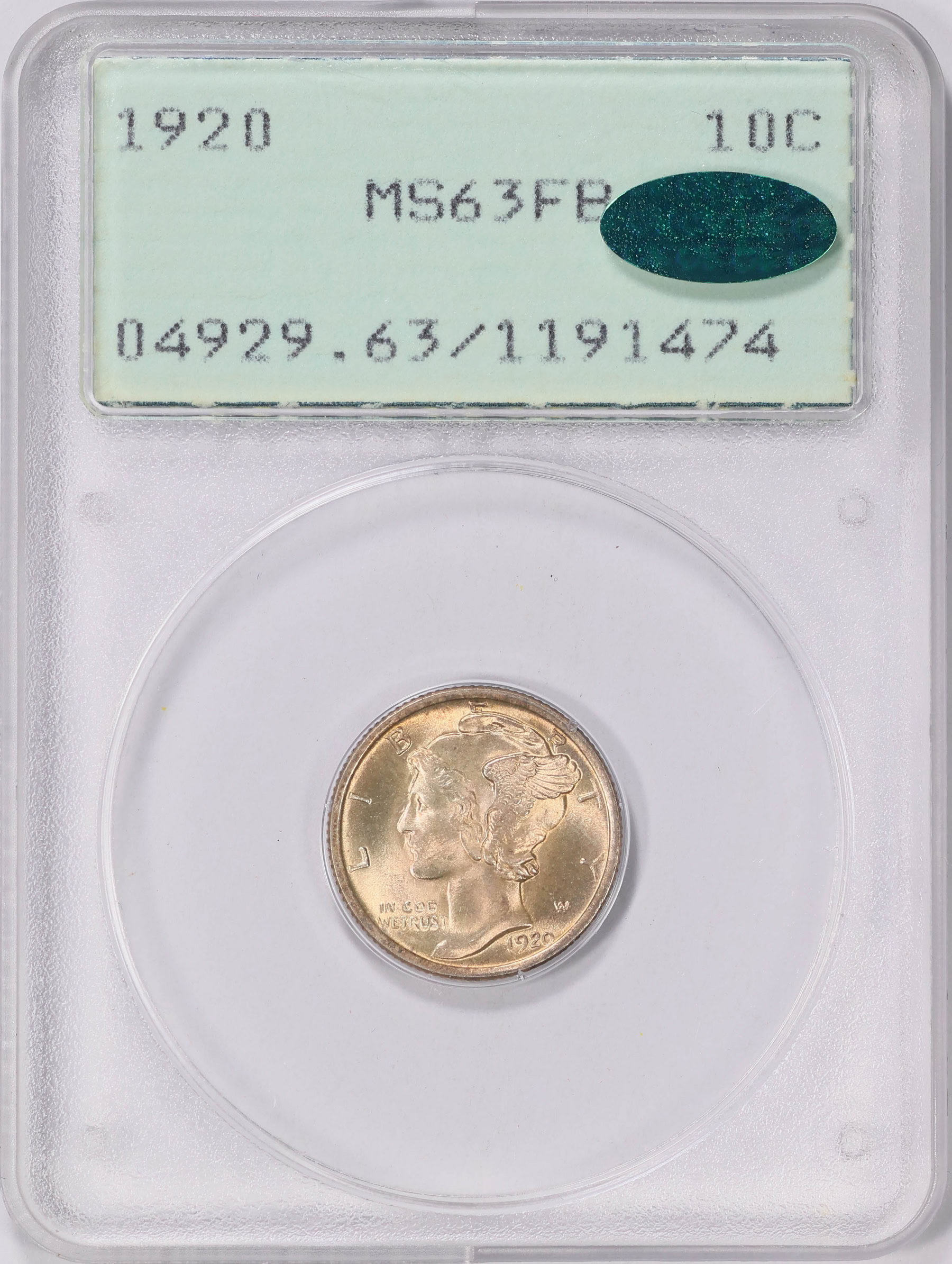 1920 Mercury Dime PCGS MS-63 FB (CAC Green) OGH (1st Gen) (Item 1786361) | GreatCollections Coin ...