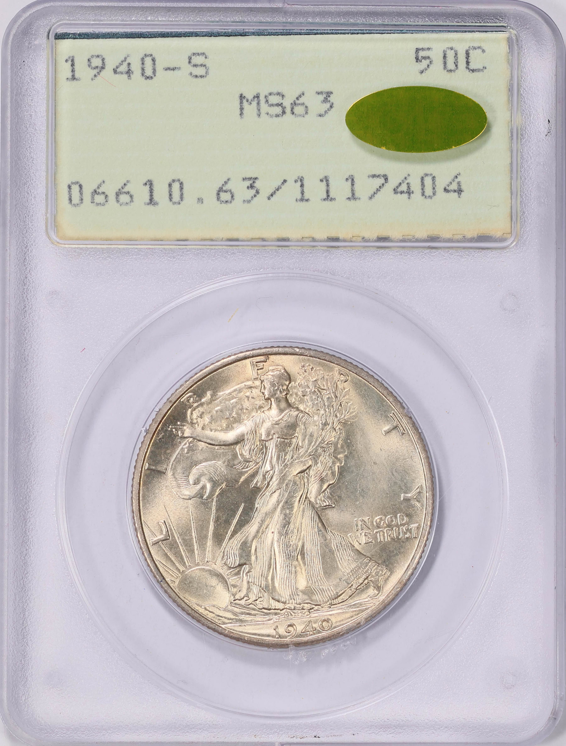 1940-S Walking Liberty Half Dollar PCGS MS-63 (CAC Gold) OGH (1st Gen) (Item 1786364 ...