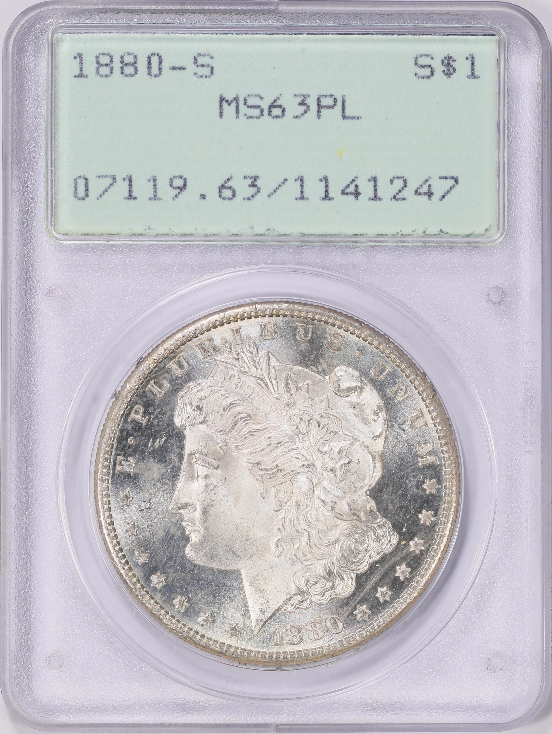 1880-S Morgan Silver Dollar PCGS MS-63 PL OGH (1st Gen) (Item 1786376) | GreatCollections Coin ...