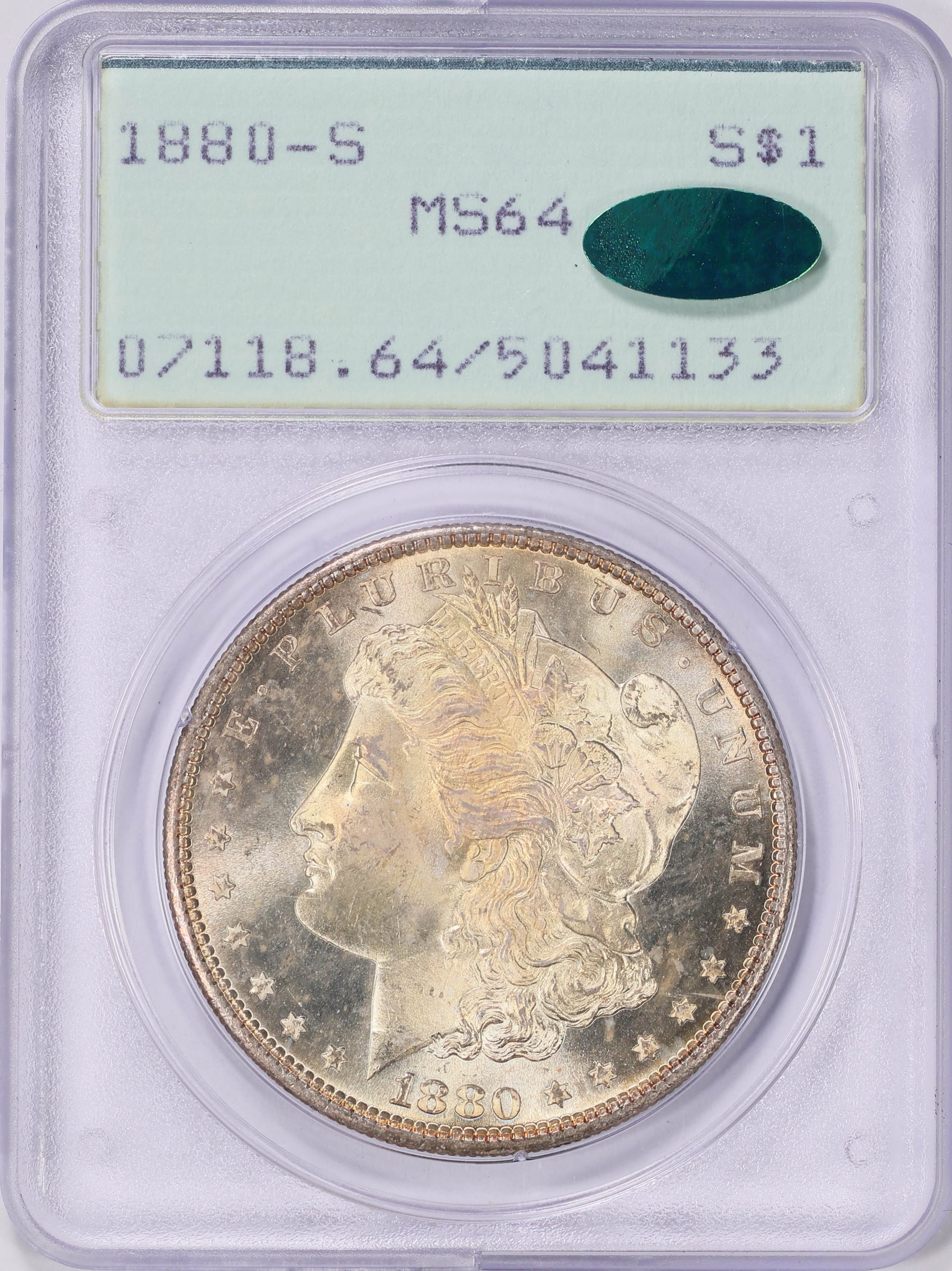 1880-S Morgan Silver Dollar PCGS MS-64 (CAC Green) (Toned) OGH (1st Gen) (Item 1786378 ...