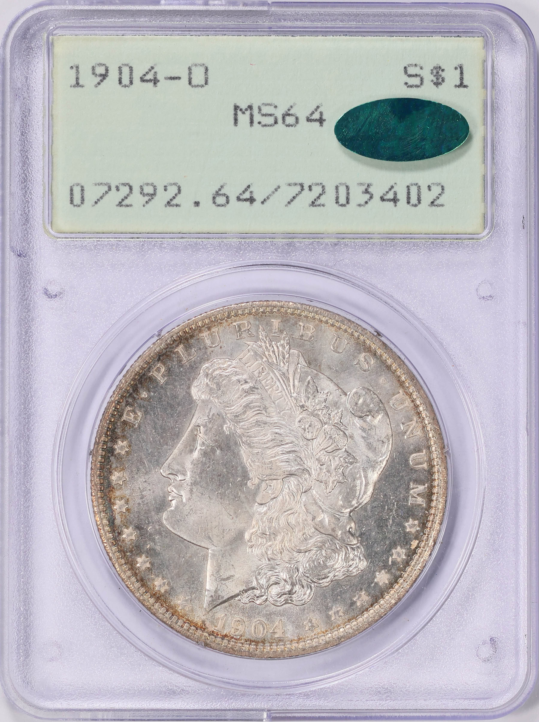 1904-O Morgan Silver Dollar PCGS MS-64 (CAC Green) (Toned) OGH (1st Gen) (Item 1786390 ...