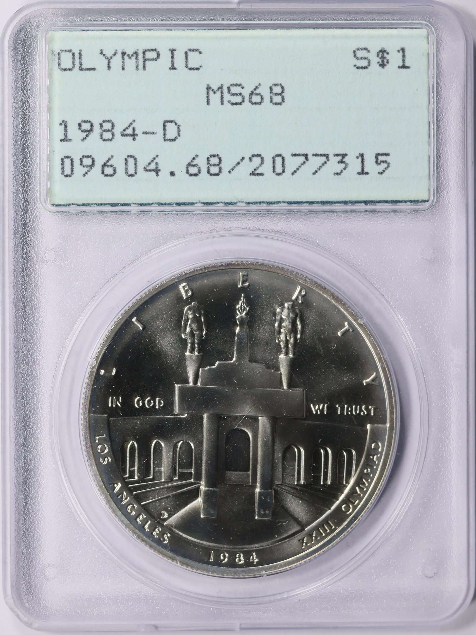 1984-D Los Angeles XXIII Olympiad Coliseum Silver Dollar PCGS MS-68 OGH ...