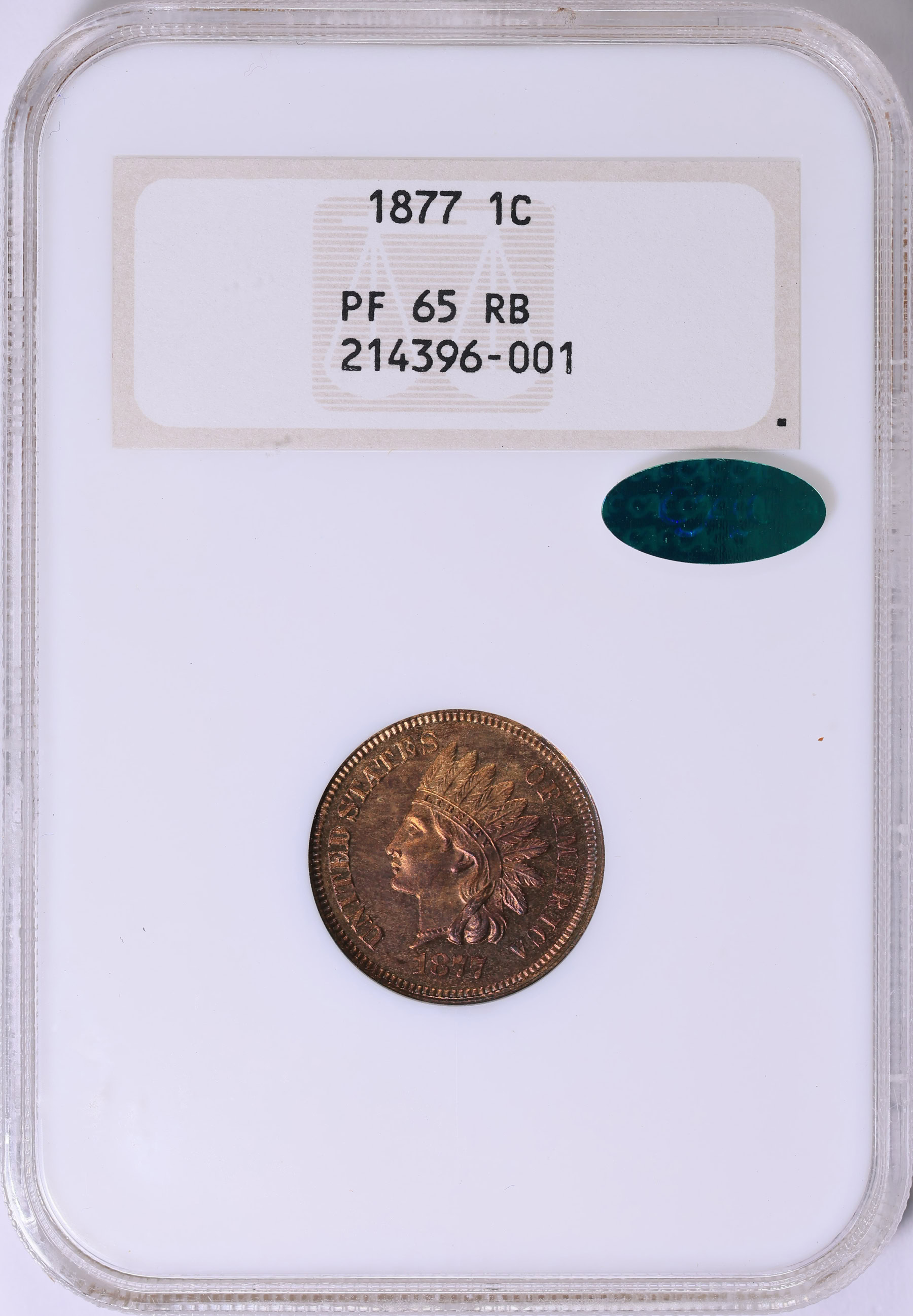 1877 Indian Cent NGC Proof-65 RB (CAC Green) (Toned) OH (Item 1786469) | GreatCollections Coin ...