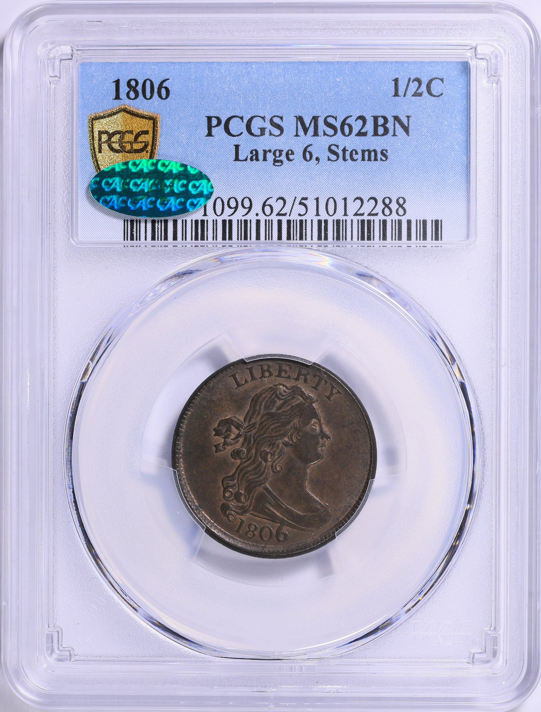 1806 Draped Bust Half Cent Large 6, Stems PCGS MS-62 BN (CAC Green) (Item 1786500 ...
