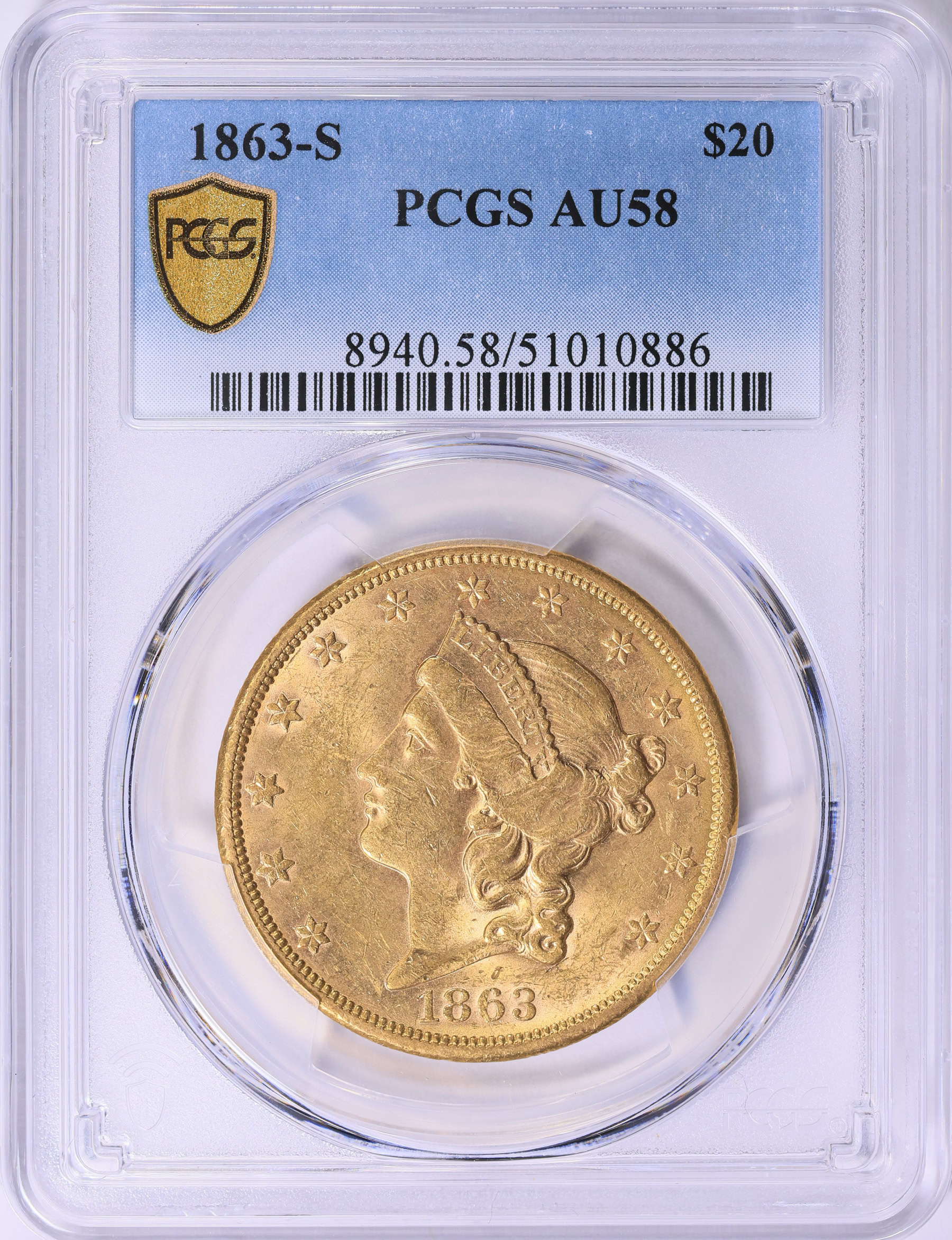 1863-S Liberty Gold Double Eagle PCGS AU-58 (Item 1786516) | GreatCollections Coin Auctions
