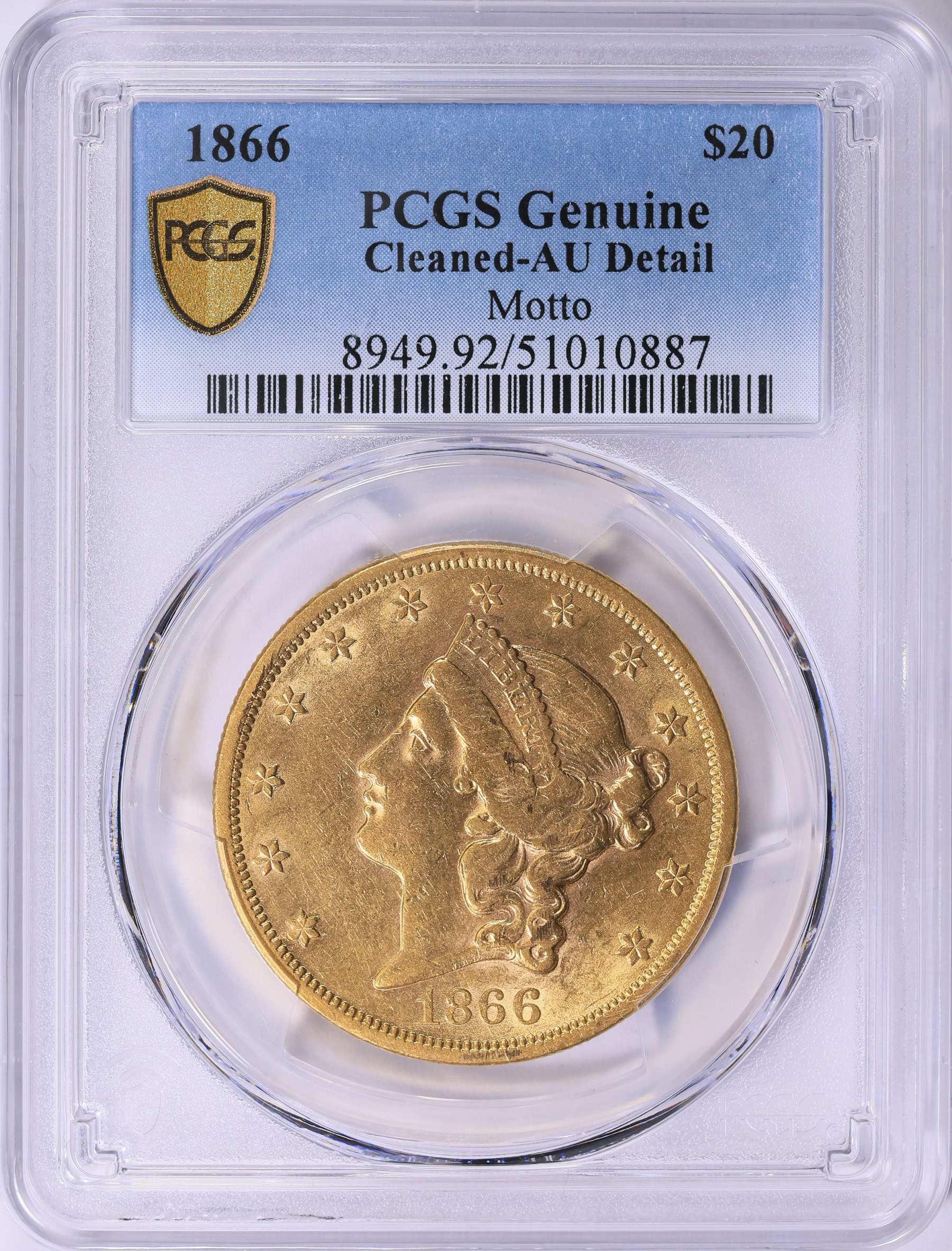 1866 Liberty Gold Double Eagle Motto PCGS Genuine AU Details (Item 1786543) | GreatCollections ...