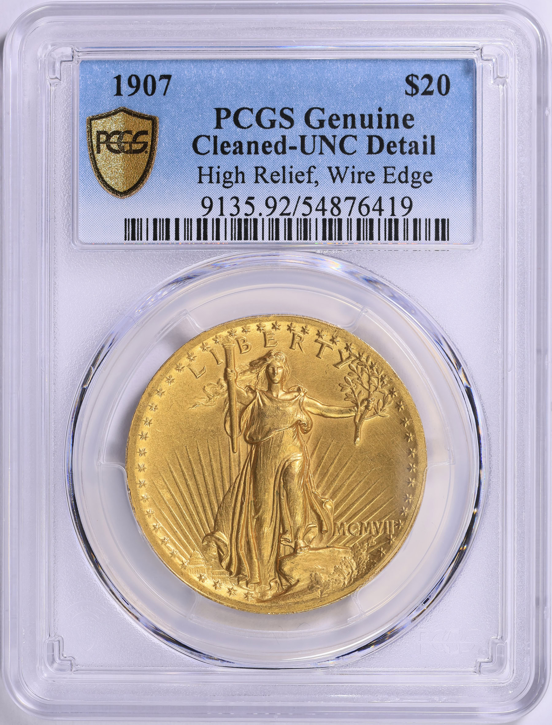1907 Saint-Gaudens Gold Double Eagle MCMVII, High Relief, Wire Edge PCGS Genuine Unc Details ...