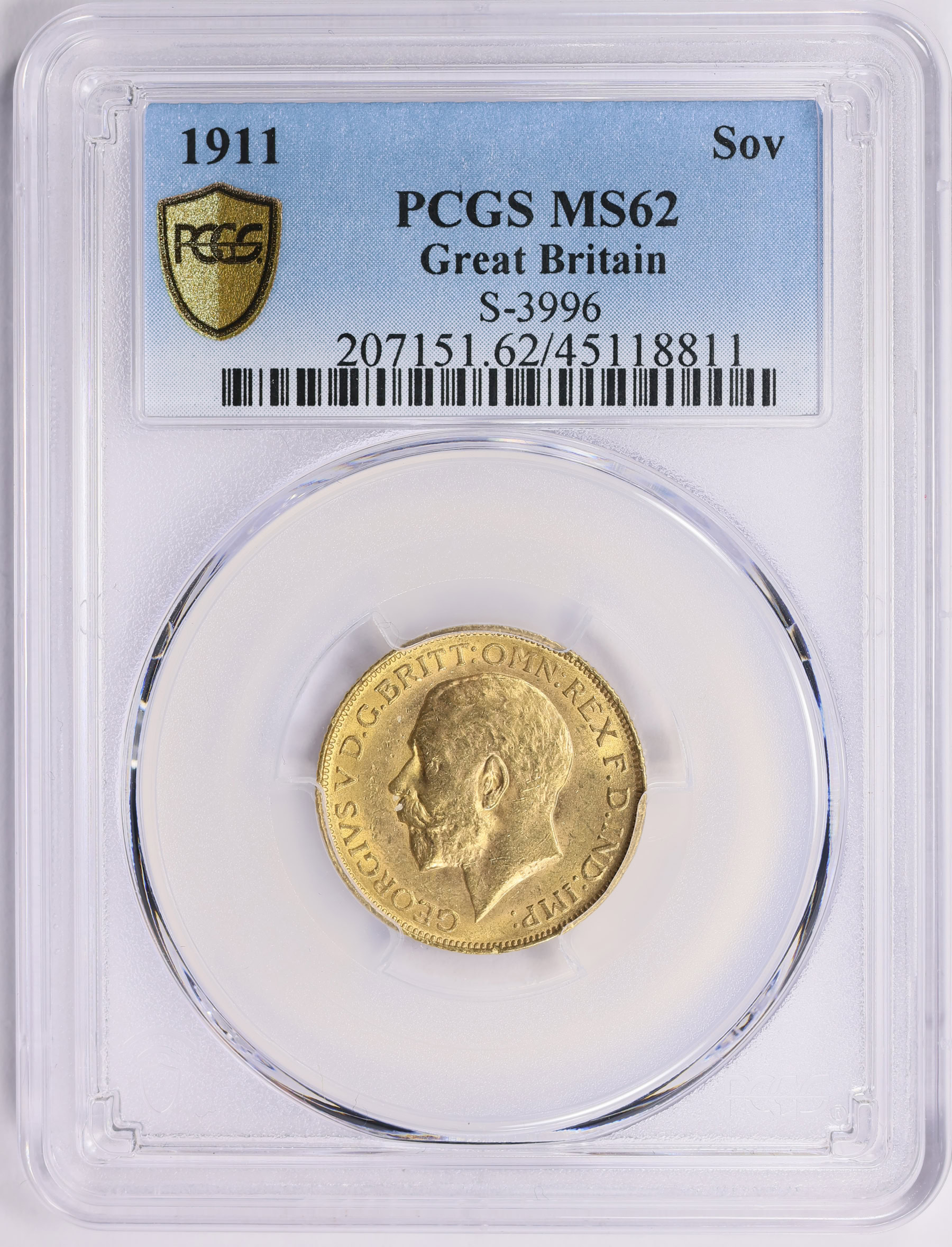Great Britain 1911 Gold Sovereign KM-820 PCGS MS-62 (AGW = 0.2355 Oz ...