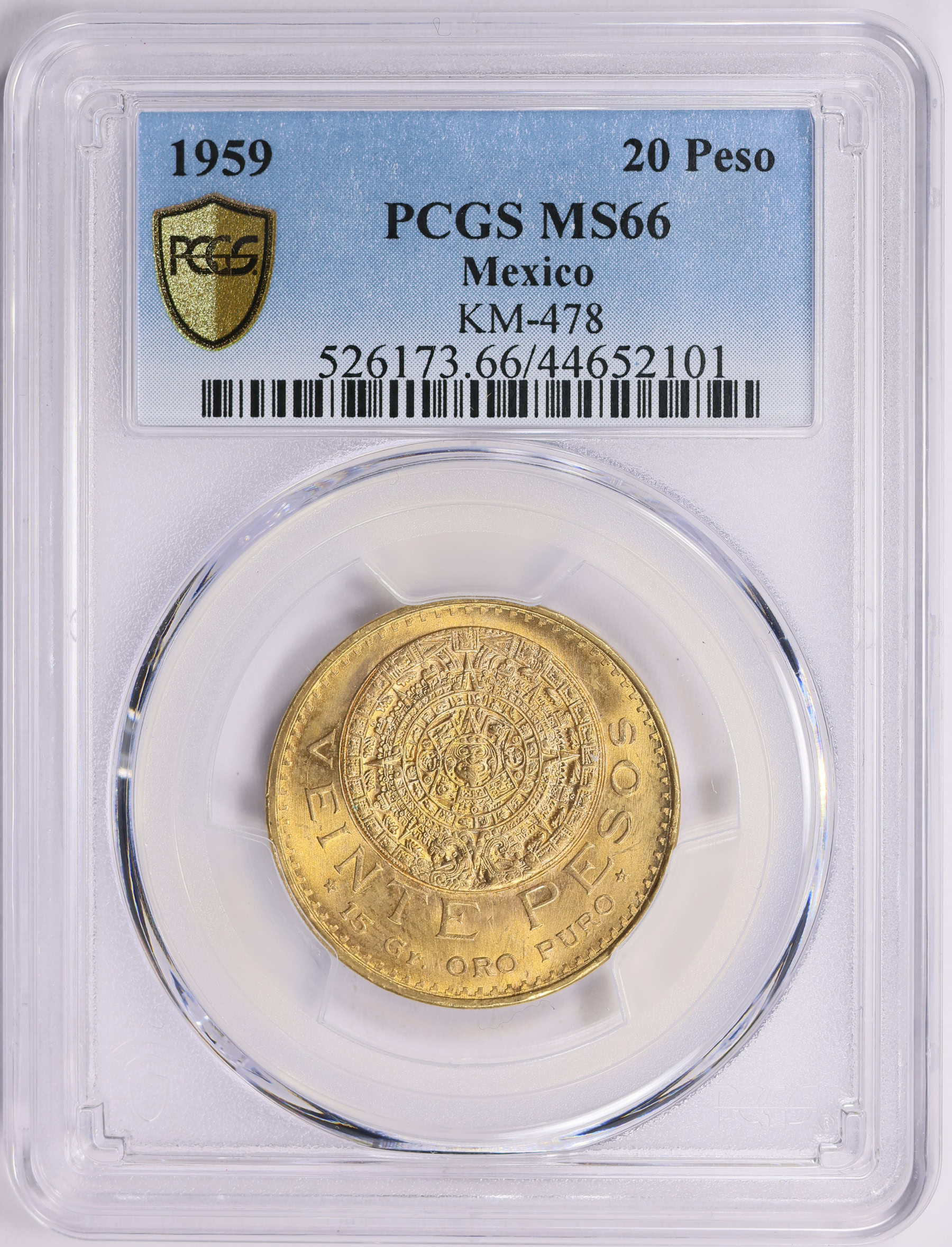 Mexico 1959 Gold 20 Pesos KM-478 PCGS MS-66 (AGW = 0.4822 Oz.) (Item 1786654) | GreatCollections ...