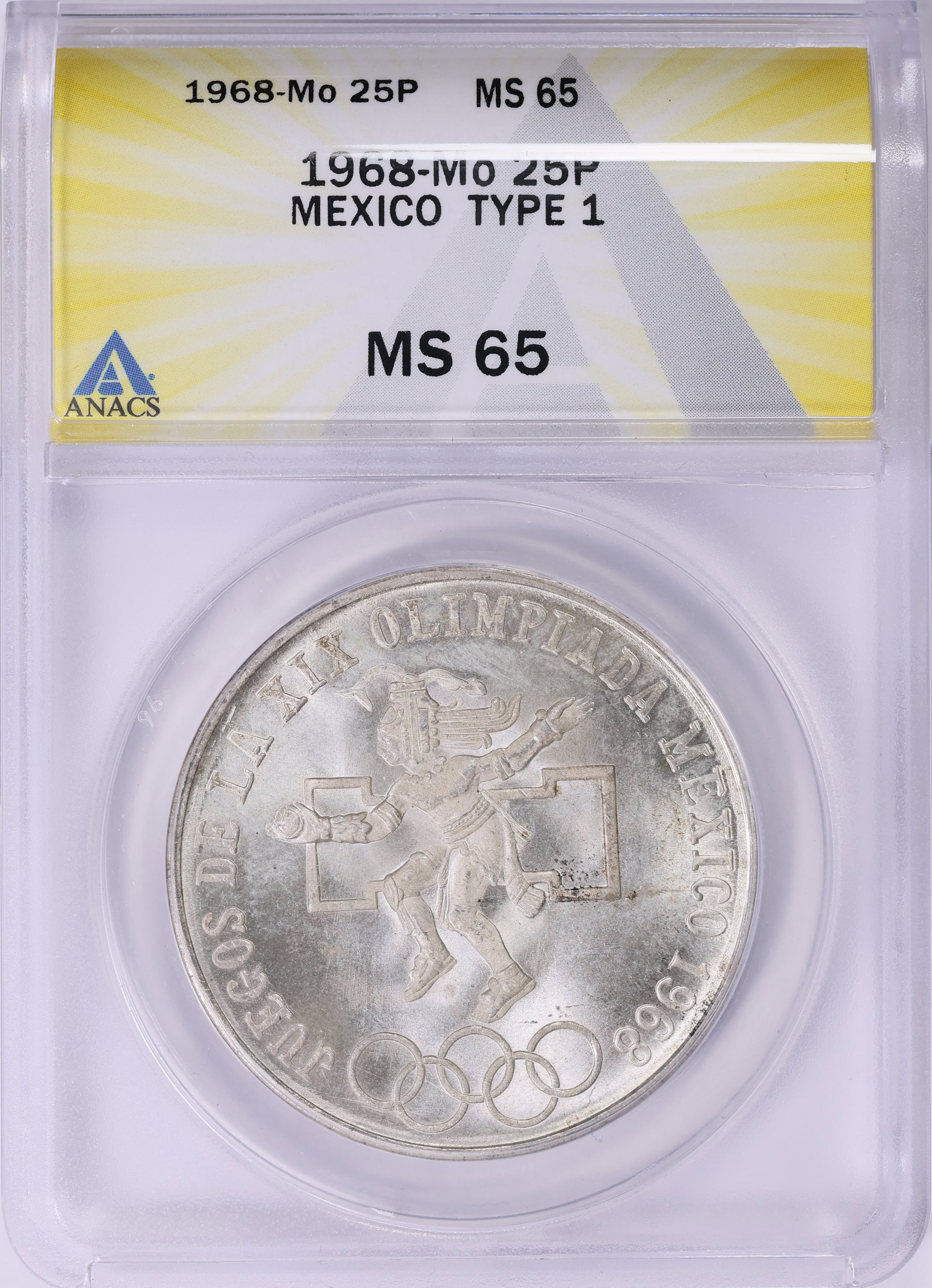 Mexico 1968-Mo Silver 25 Pesos Olympics Type 1 KM-479.1 ANACS MS-65 ...