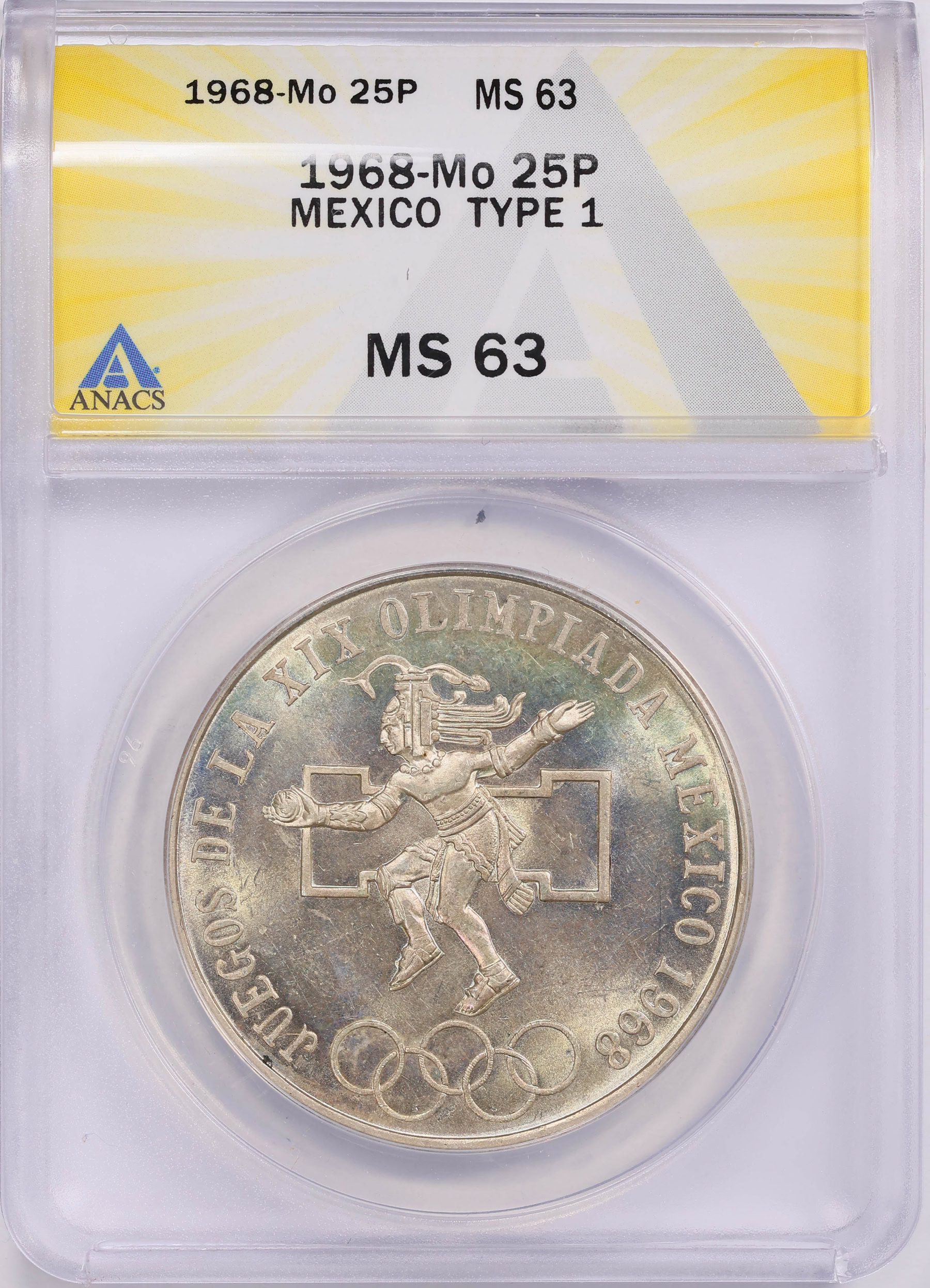 Mexico 1968-Mo Silver 25 Pesos Olympics Type 1 KM-479.1 ANACS MS-63 ...