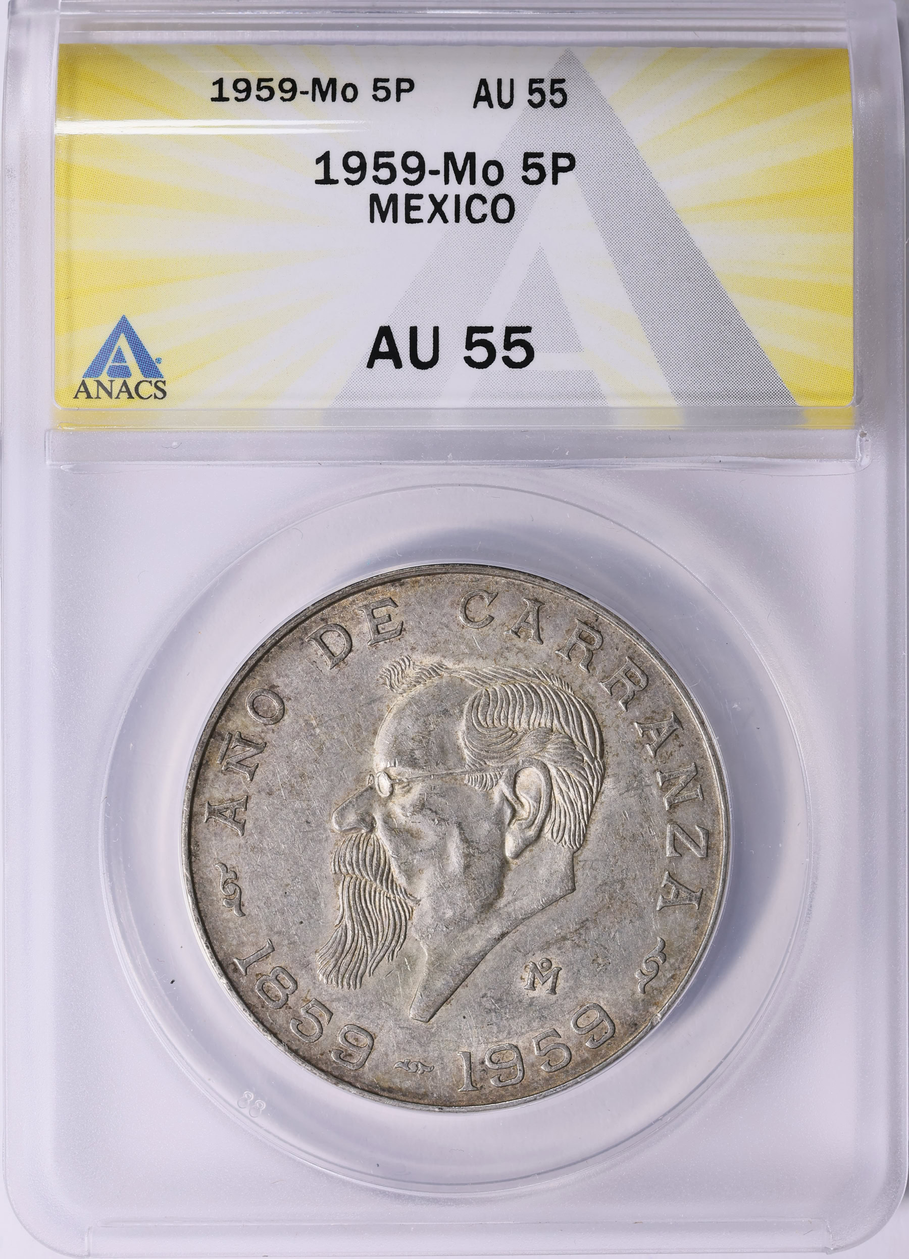 Mexico 1959-Mo Silver 5 Pesos Carranza KM-471 ANACS AU-55 (Item 1786868) | GreatCollections Coin ...
