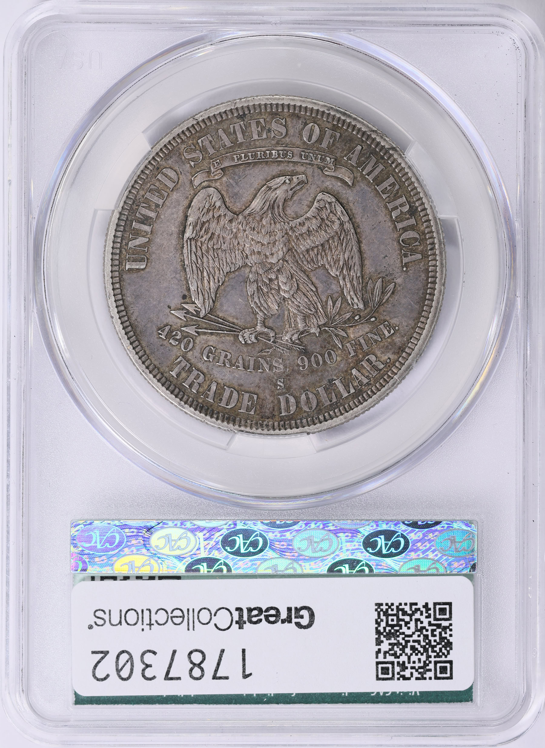 1877-S Trade Silver Dollar CACG AU-55 (Item 1787302) | GreatCollections Coin Auctions