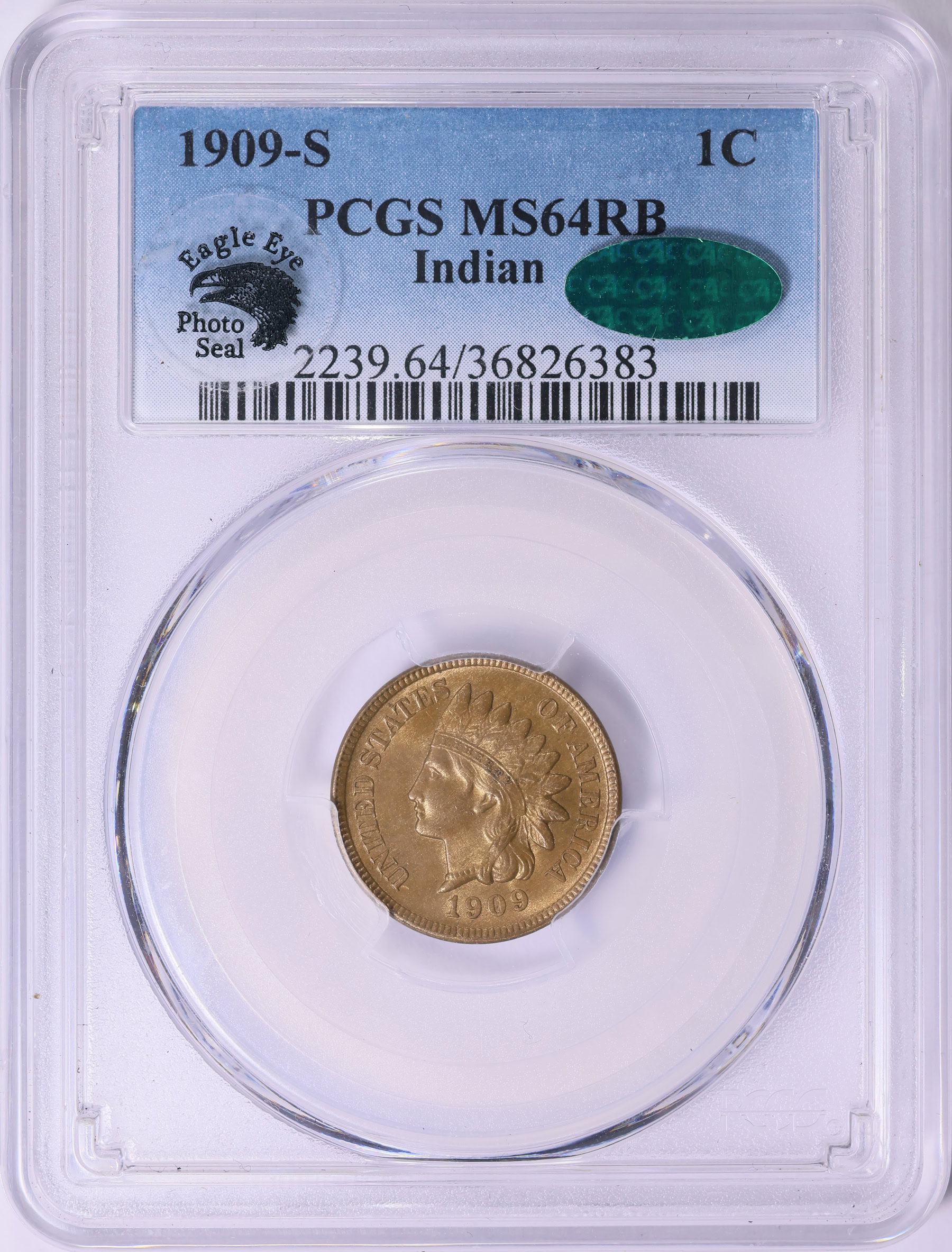 1909-S Indian Cent PCGS MS-64 RB (CAC Green) (Eagle Eye Seal) (Item 1787312) | GreatCollections ...