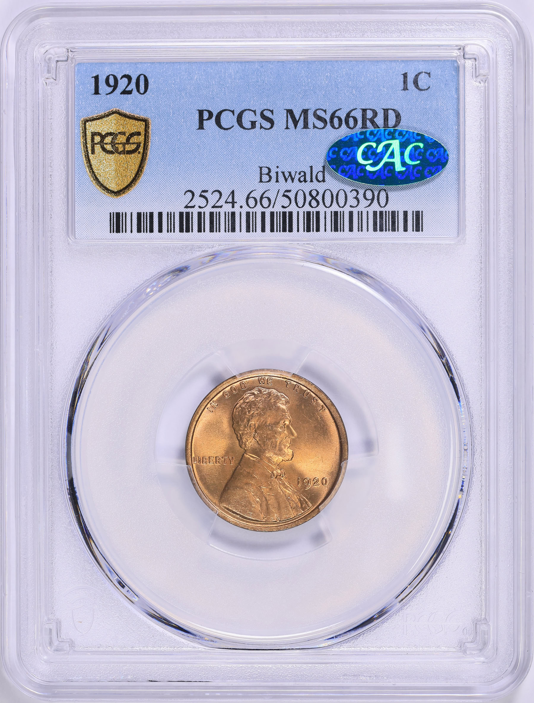 1920 Lincoln Cent PCGS MS-66 RD (Biwald Collection) (CAC Green) (Item 1787375 ...