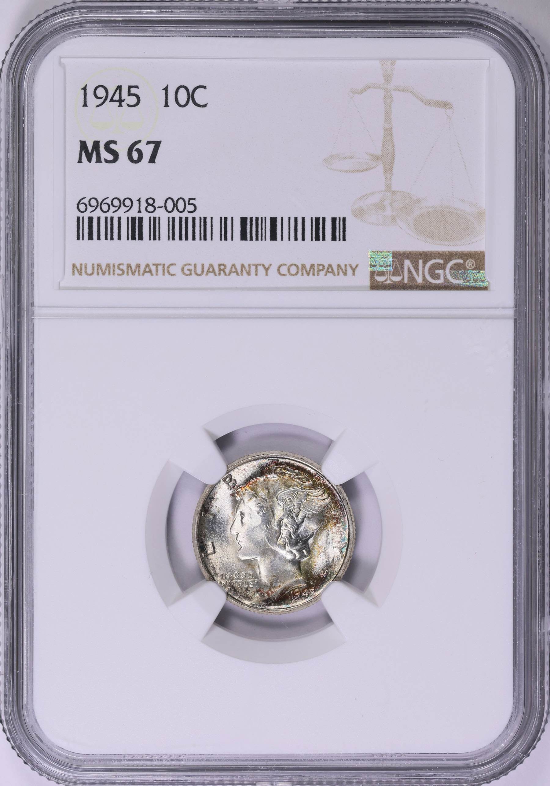 1945 Mercury Dime NGC MS-67 (Toned) (Item 1787419) | GreatCollections Coin Auctions