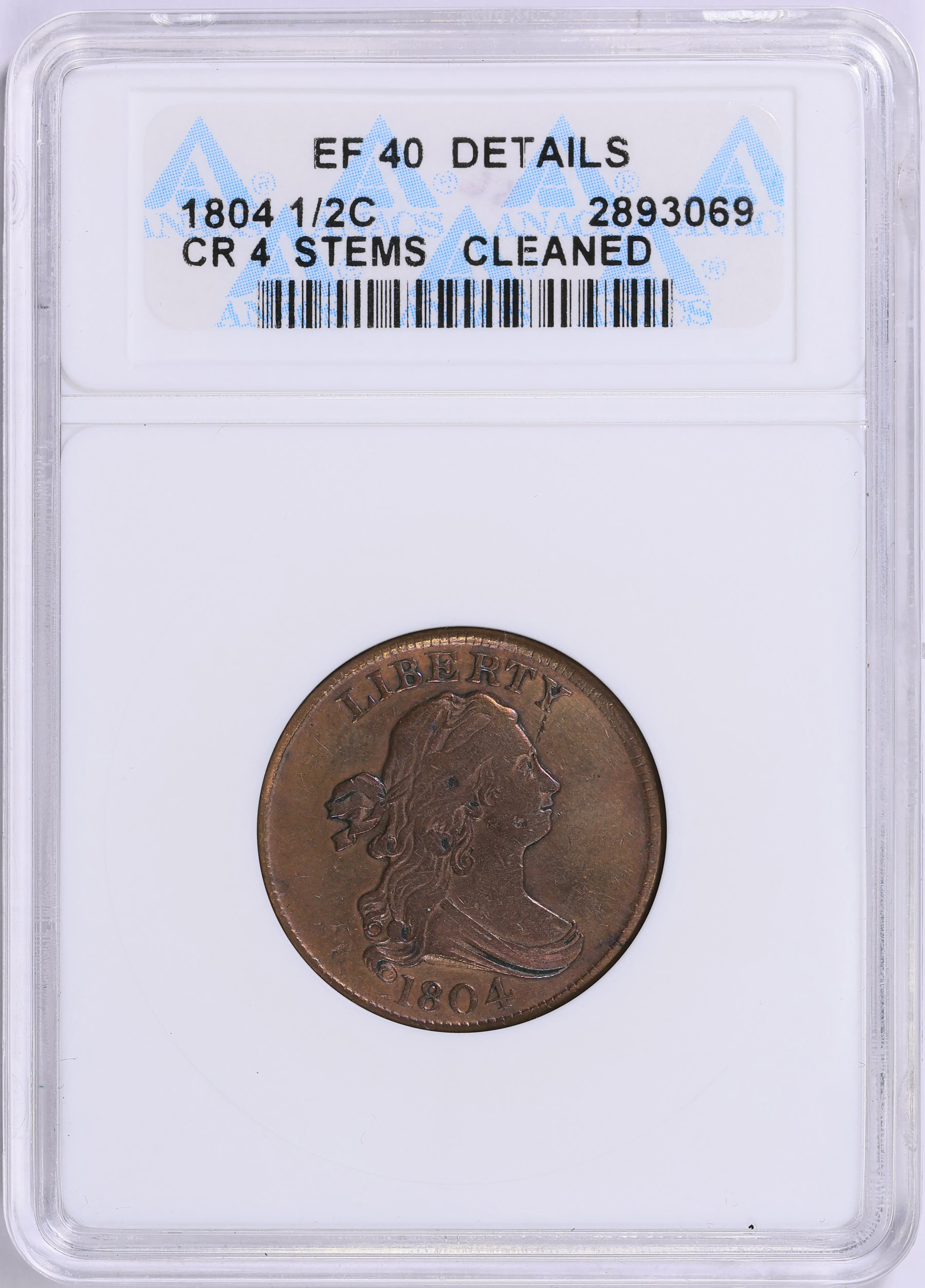 1804 Draped Bust Half Cent Crosslet 4, Stems ANACS XF-40 Details OH ...