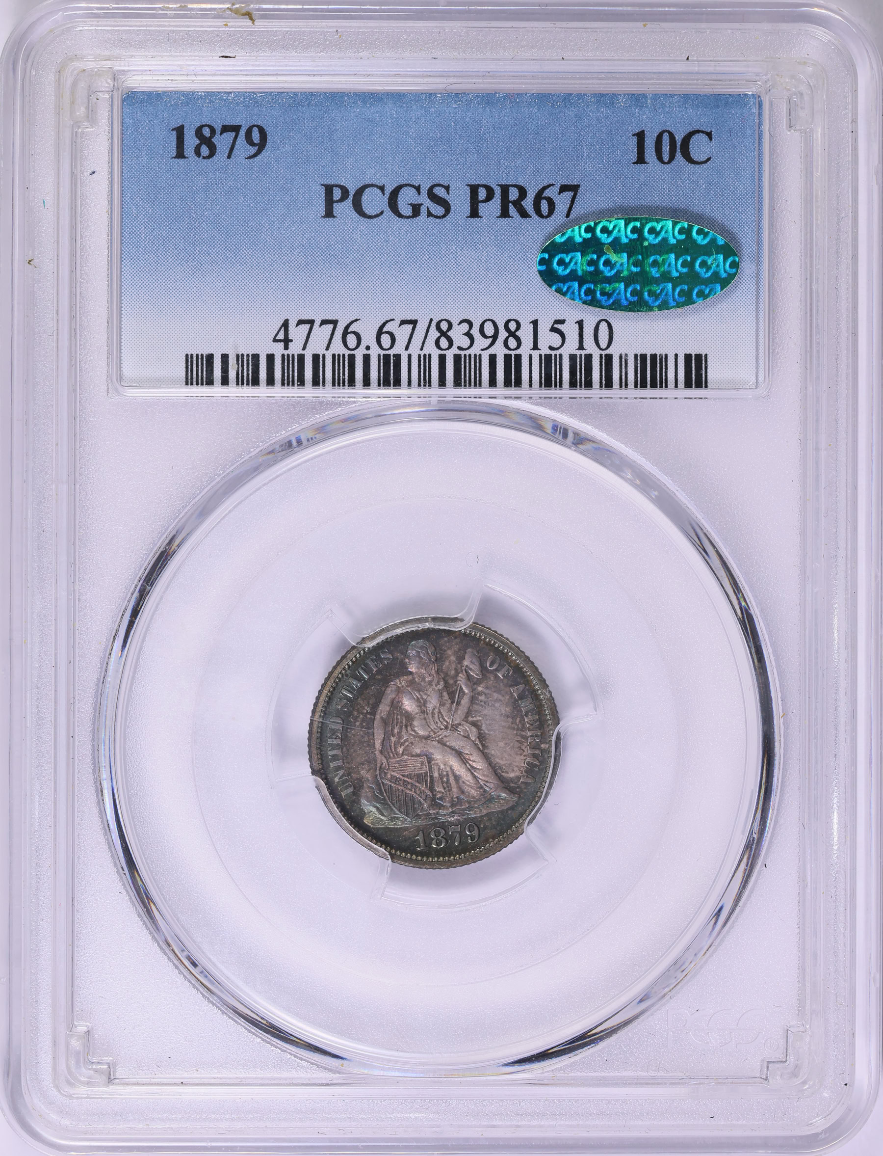 1879 Seated Liberty Dime PCGS Proof-67 (CAC Green) (Toned) (Item ...