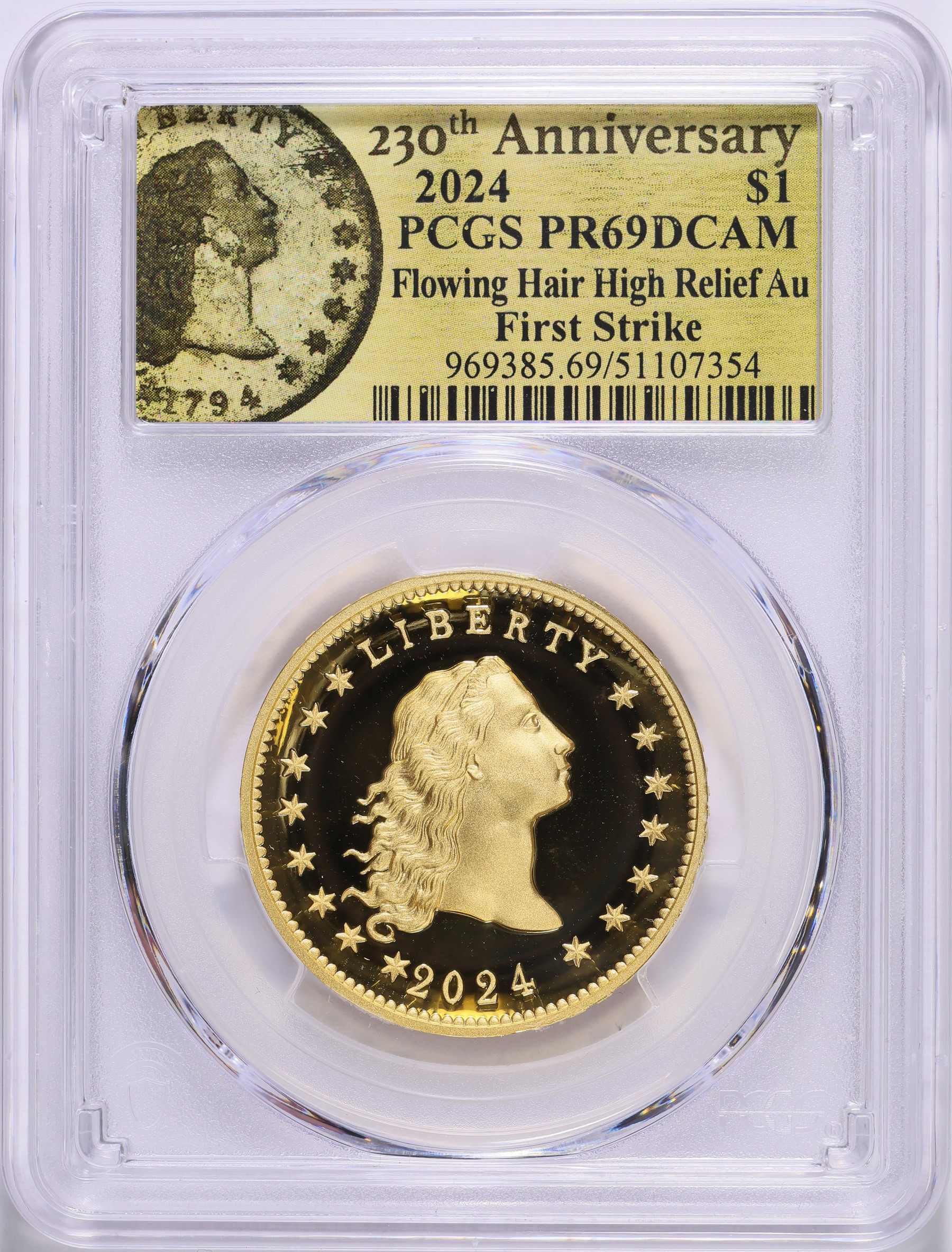 2024 Flowing Hair High Relief Gold Dollar 230th Anniversary First Strike PCGS Proof-69 DCAM ...