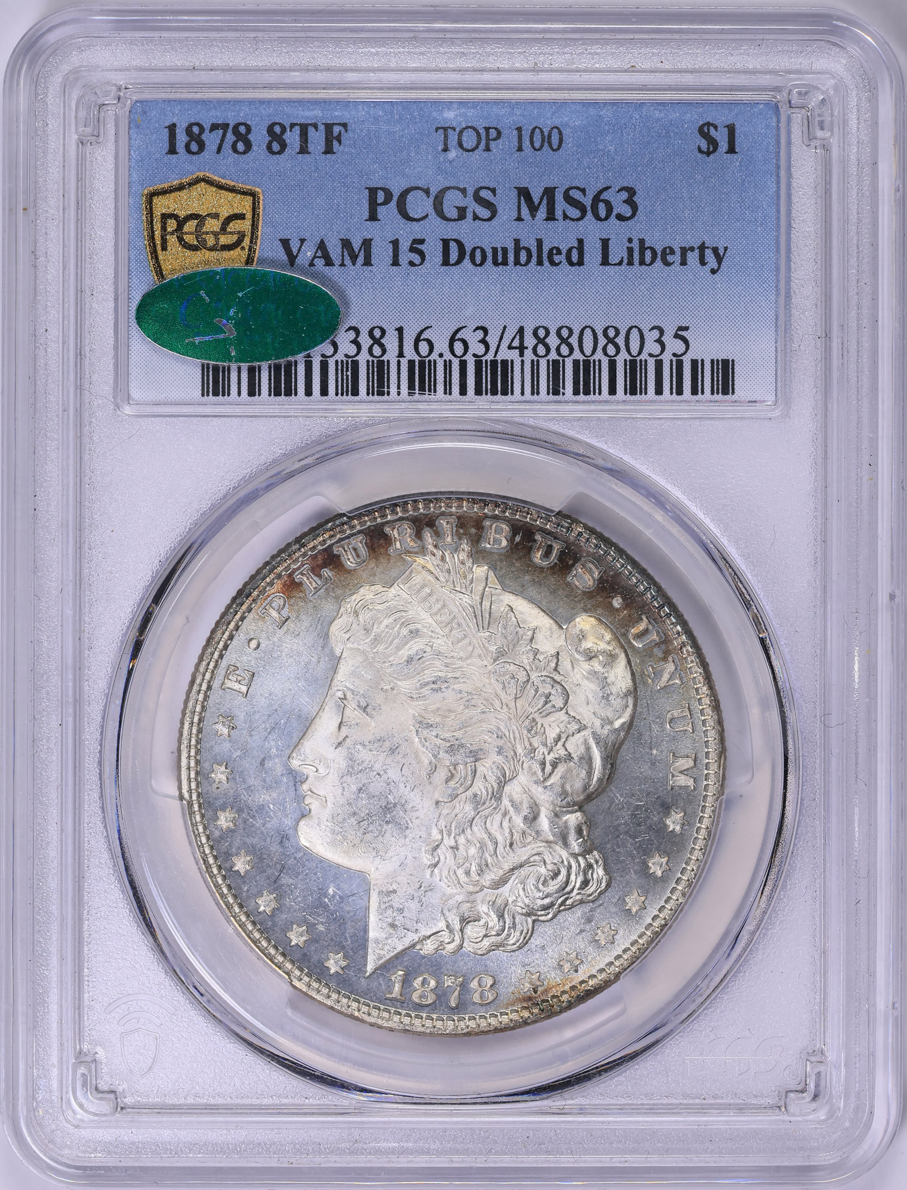 1878 8TF Morgan Silver Dollar Doubled Liberty VAM-15 Top 100 PCGS MS-63 (CAC Green) (Toned ...