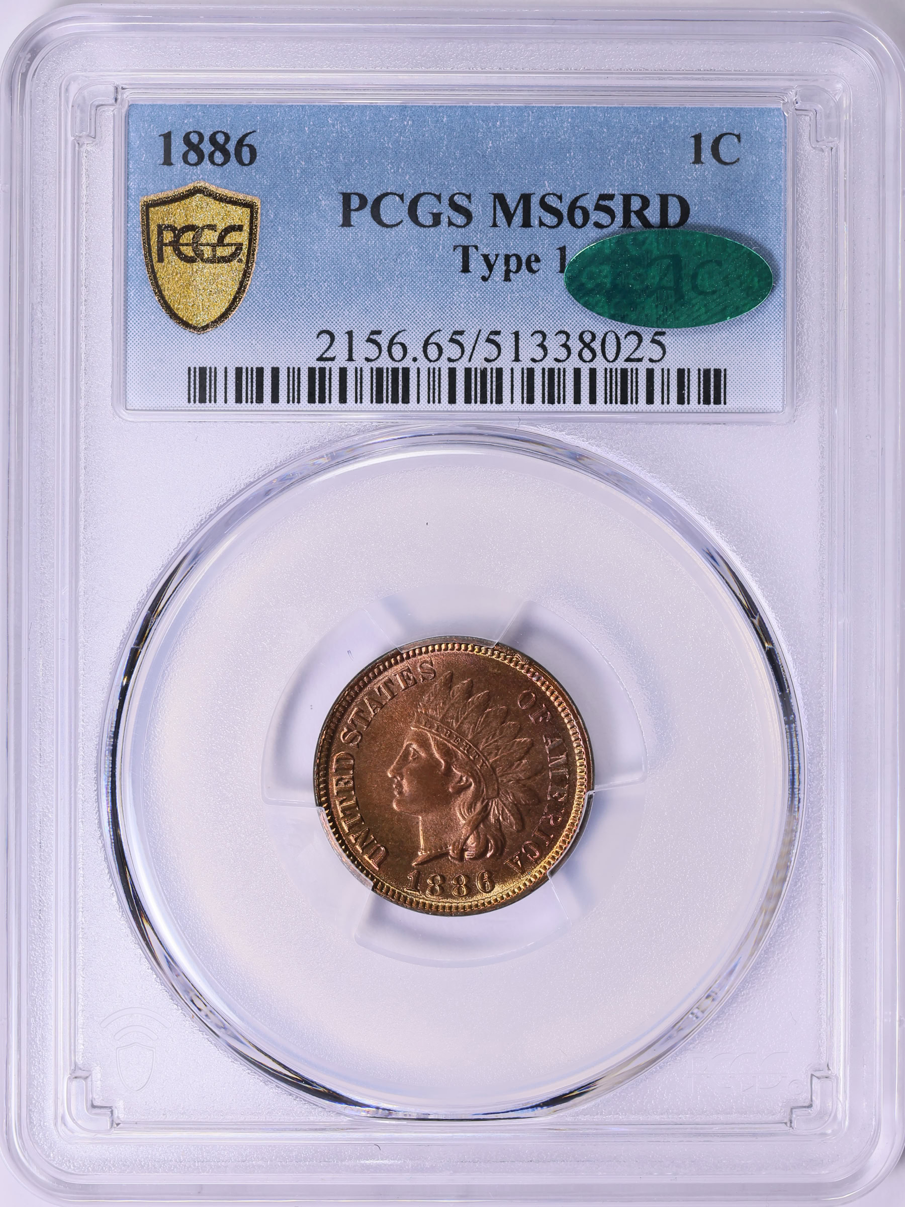 1886 Indian Cent Type 1 PCGS MS-65 RD (CAC Green) (Item 1787662) | GreatCollections Coin Auctions
