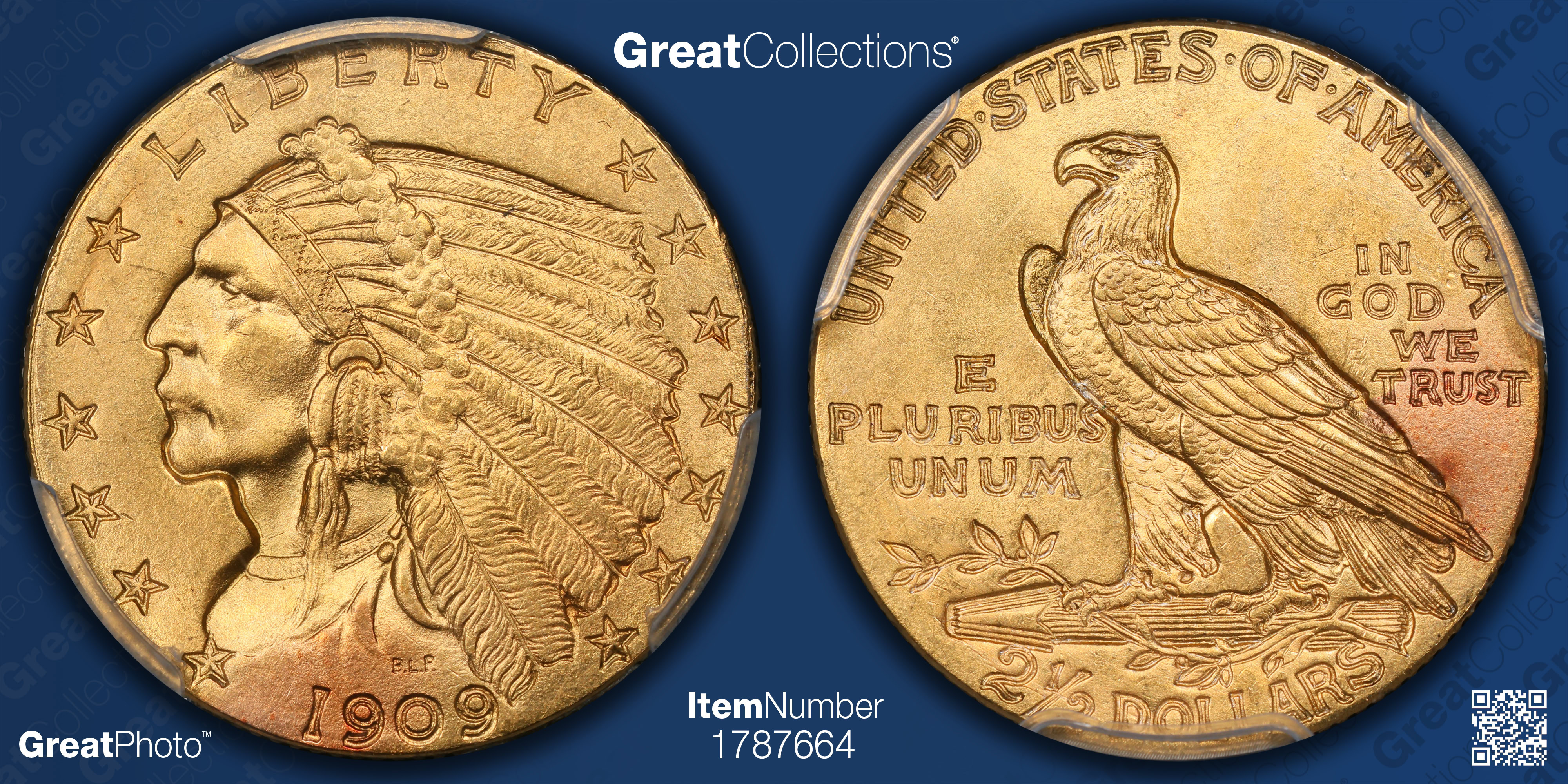 1909 Indian Gold Quarter Eagle PCGS MS-64 (CAC Green) (Item 1787664 ...